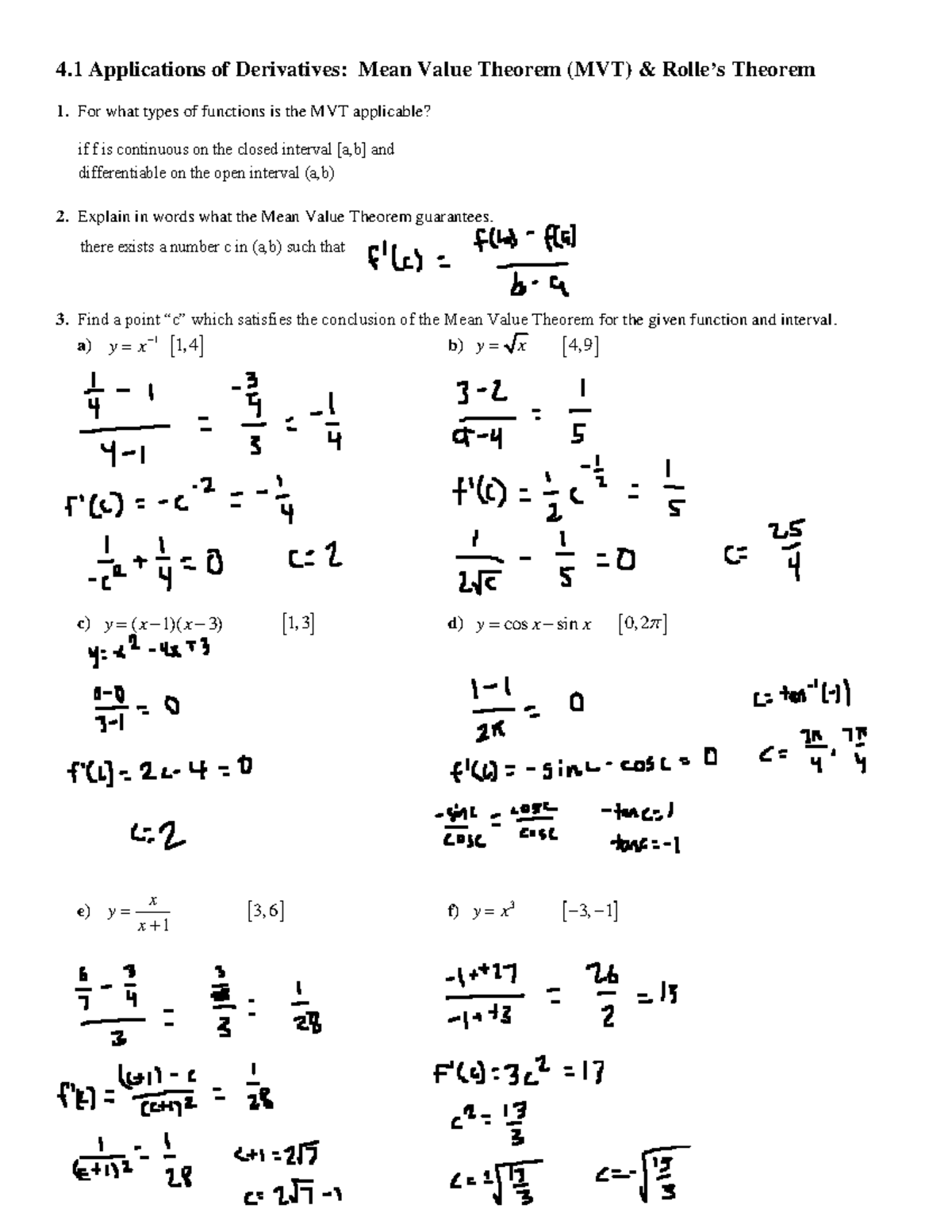 4.1 Wkst derivatives - 4 Applications of Derivatives: Mean Value ...