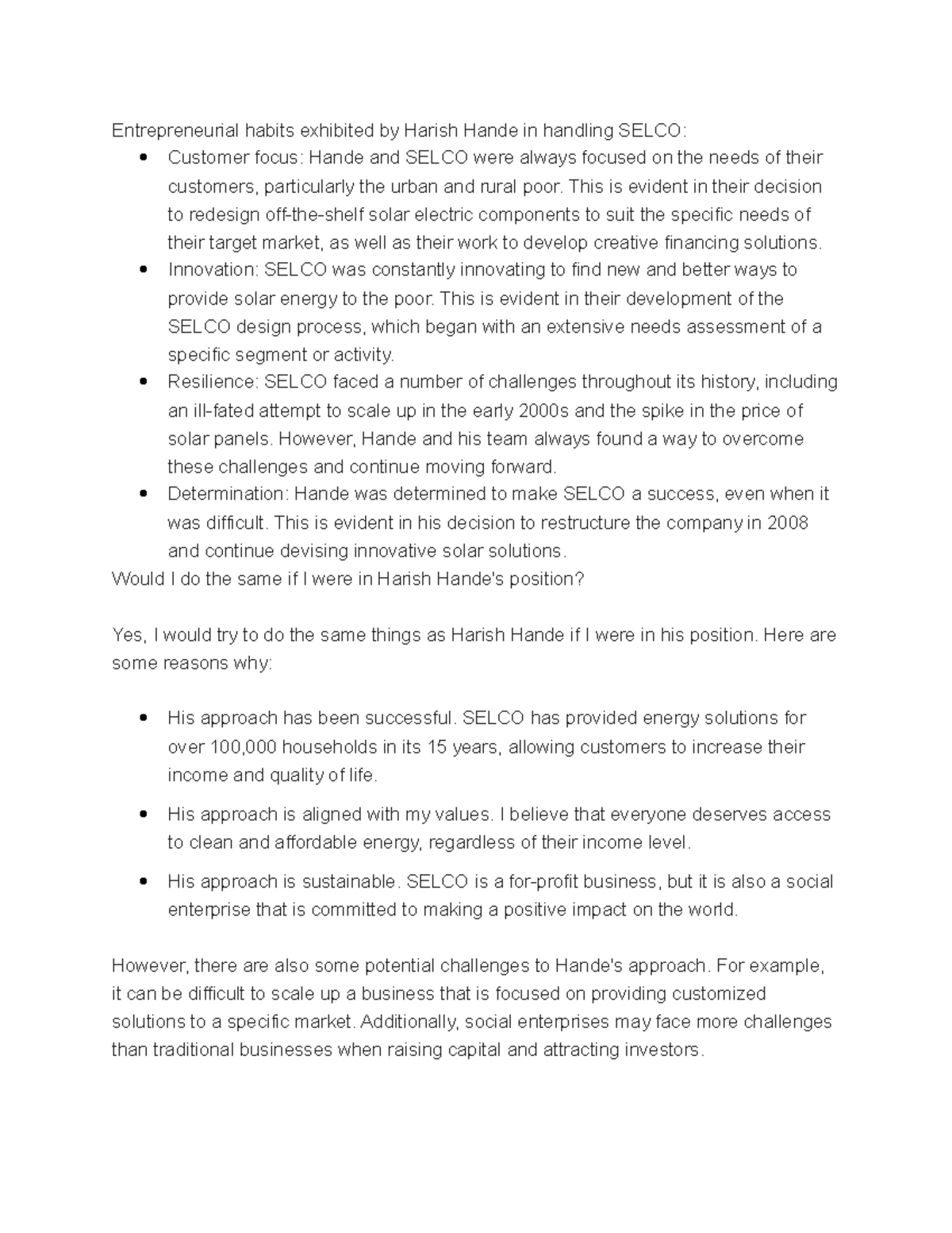 Entrepreneurial habits exhibited by Harish Hande in handling Selco ...