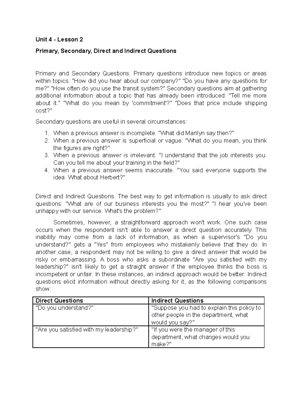 Primary, Secondary, Direct and Indirect Questions - Primary questions ...