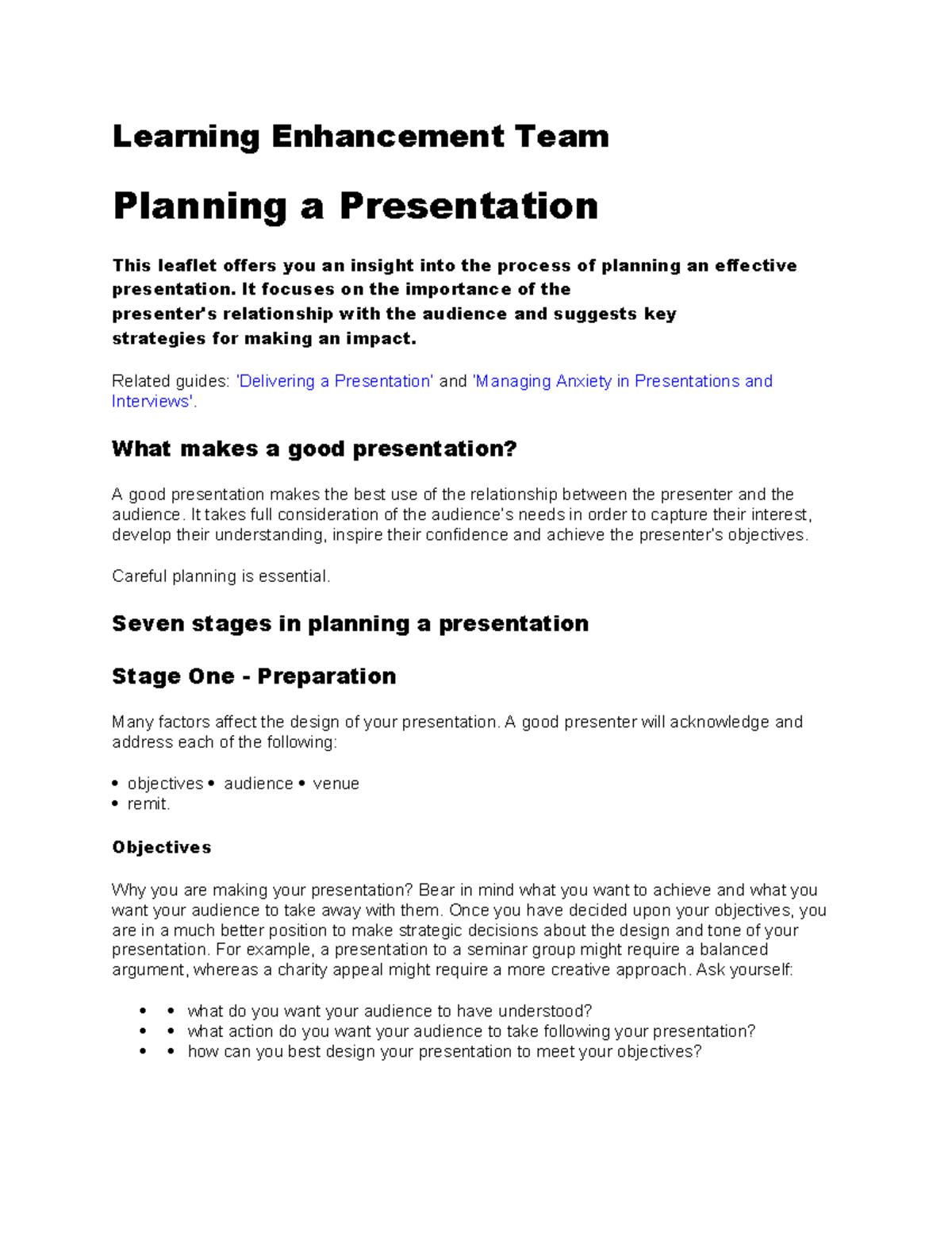 Planning a presentation notes - Learning Enhancement Team Planning a ...