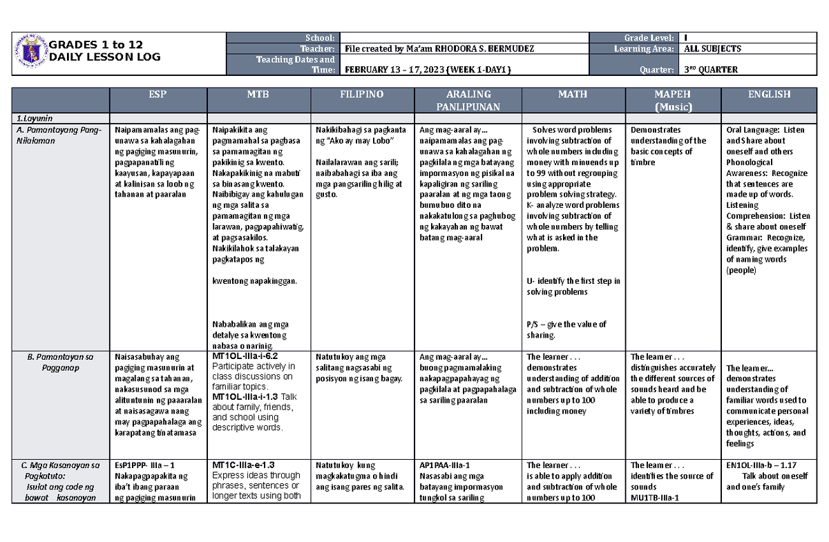 DLL ALL Subjects 1 Q3 W1 D1 - GRADES 1 to 12 DAILY LESSON LOG School: Grade Level: I Teacher ...