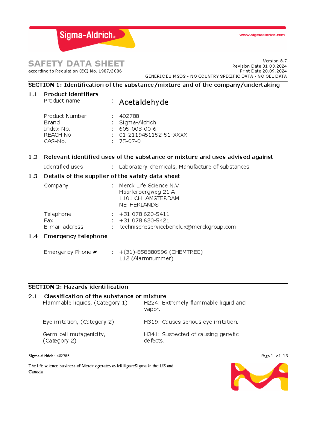 Acetaldehyde SDS - specification - Sigma-Aldrich- 402788 Page 1 of 13 ...