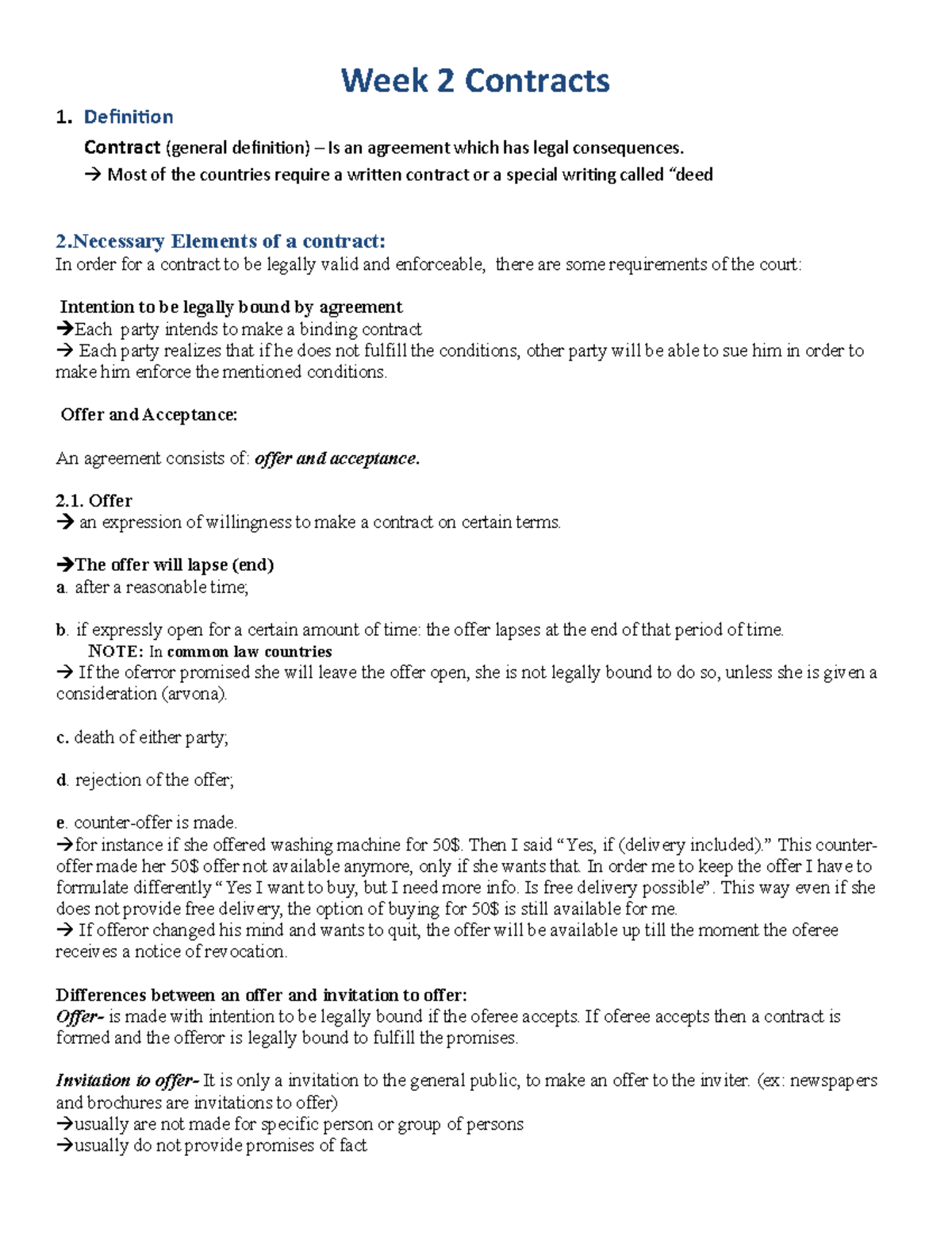 Contracts summaries - Summary notes for Economics & Law - 1. Definition ...