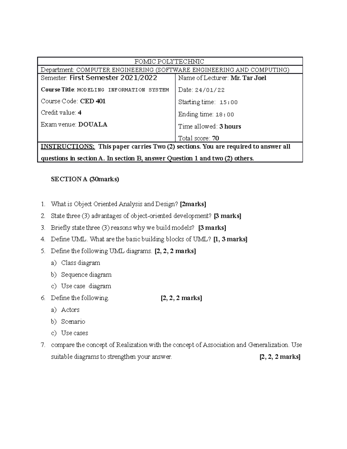 Exams Information Modeling System - FOMIC POLYTECHNIC Department: COMPUTER ENGINEERING (SOFTWARE ...