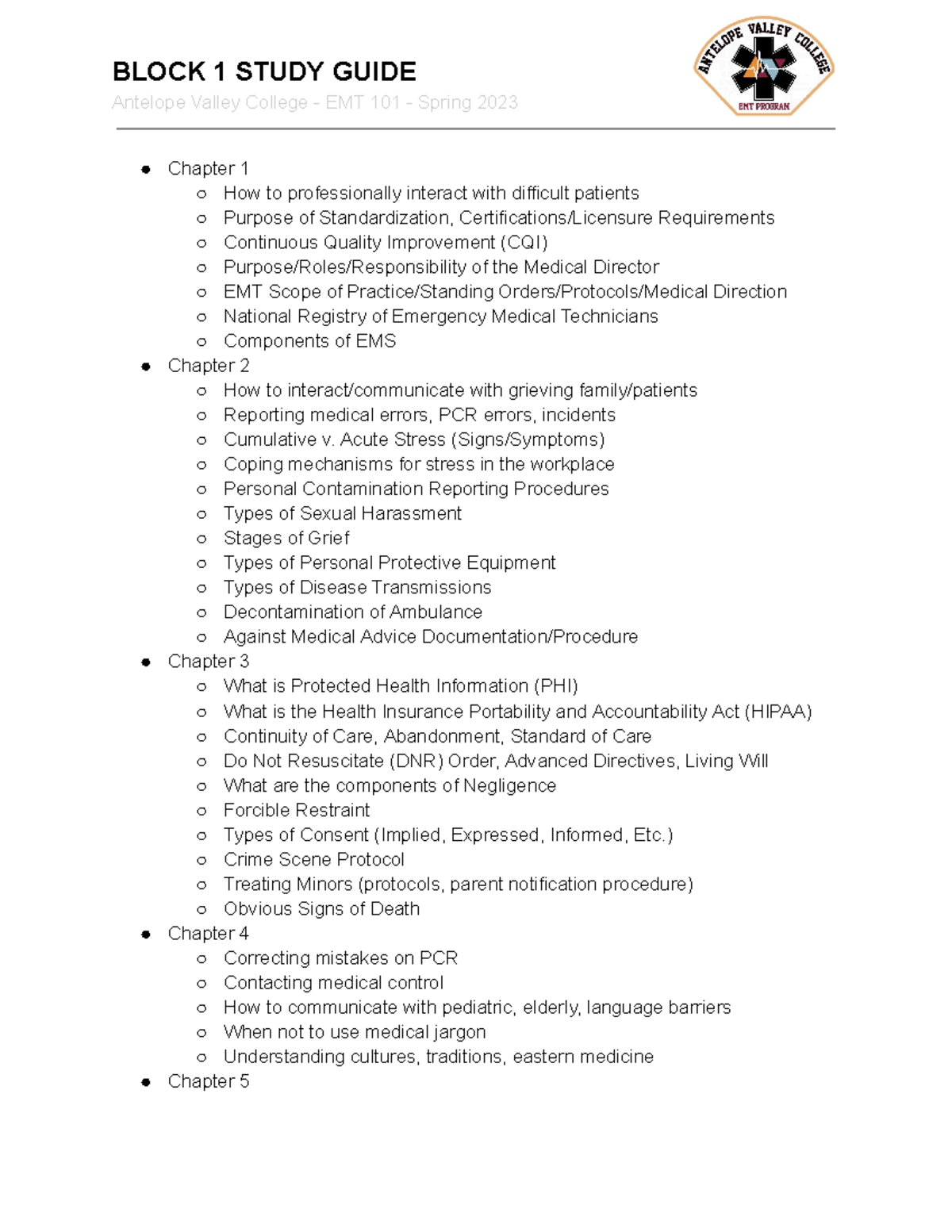 Copy of Block 1 Study Guide - EMT 101 - Spring 2023 - BLOCK 1 STUDY ...