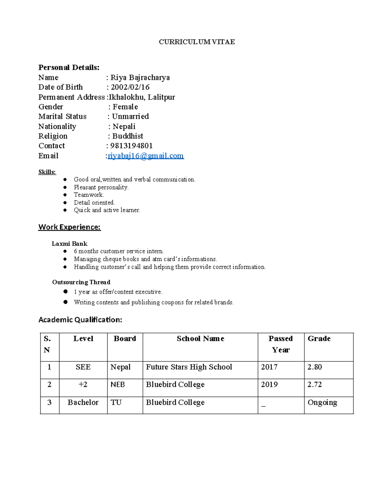 Riya Bajracharya - Jjsns - CURRICULUM VITAE Personal Details: Name ...