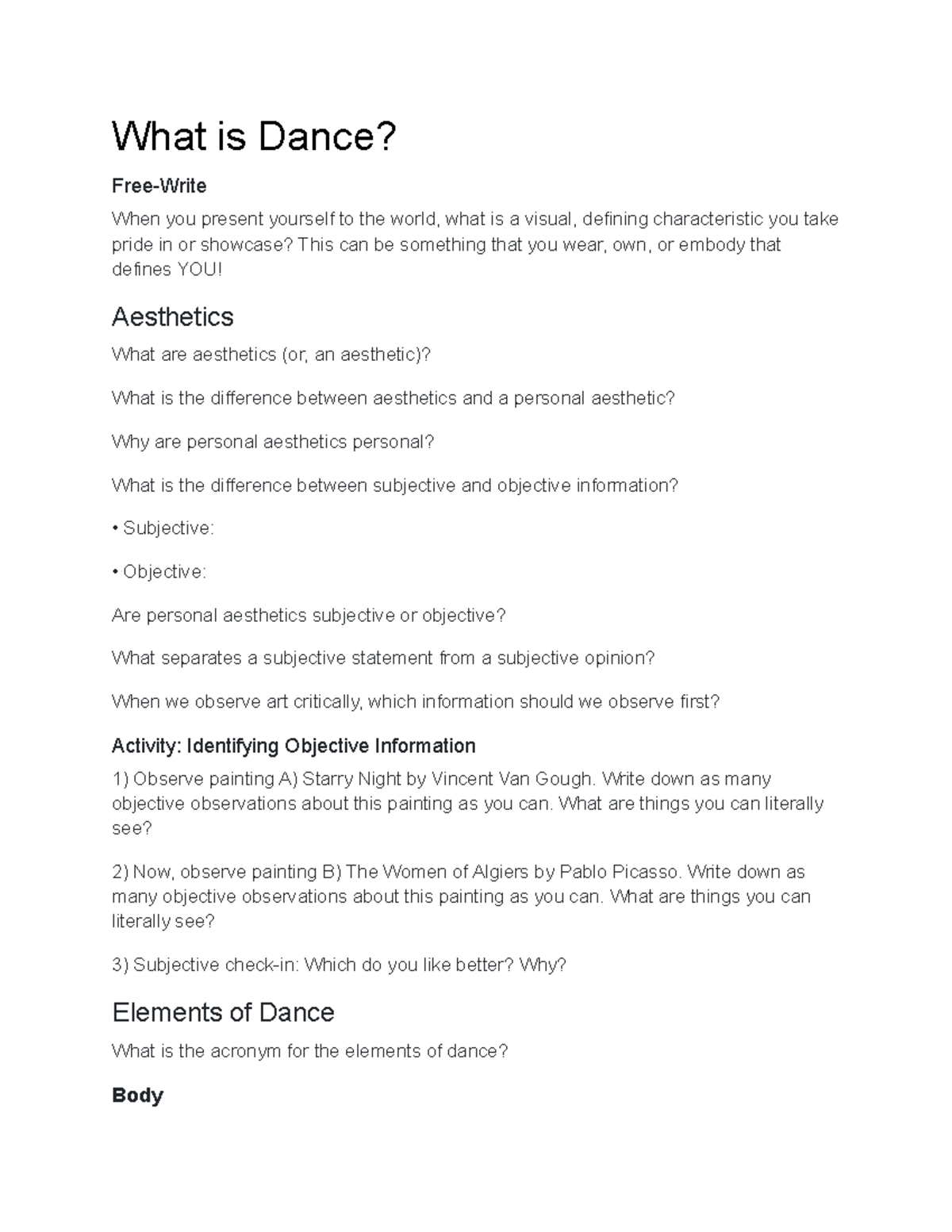 Dance 101 notes - What is Dance? Free-Write When you present yourself ...