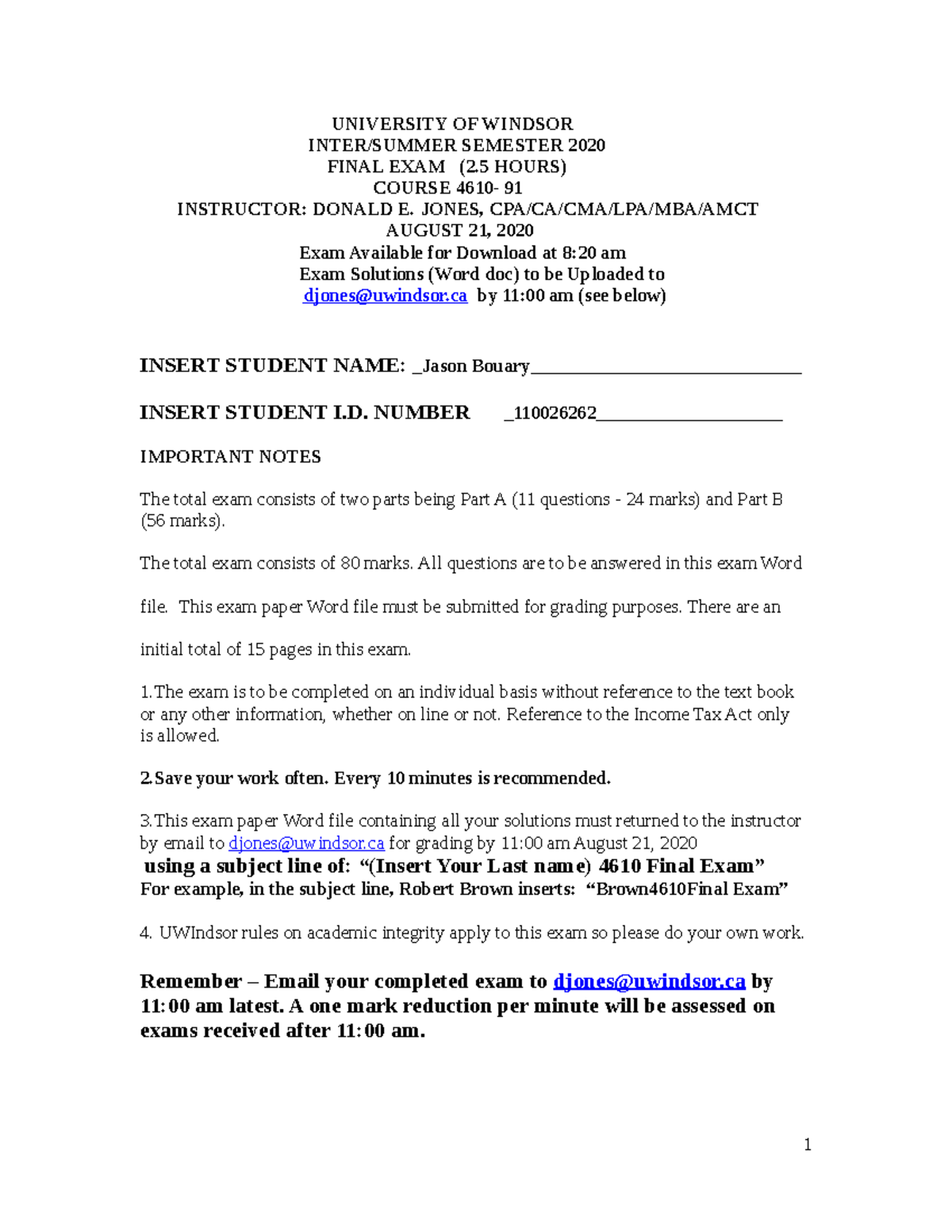 Tax 2 final exam - UNIVERSITY OF WINDSOR INTER/SUMMER SEMESTER 2020 ...