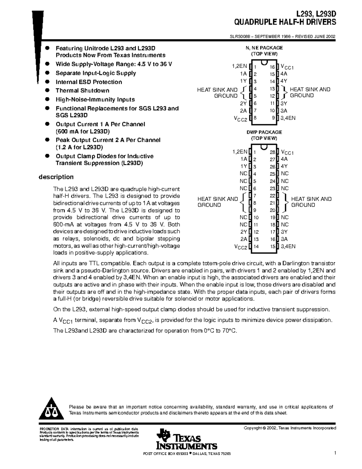 L293d-datasheet - test - QUADRUPLE HALF-H DRIVERS SLRS008B – SEPTEMBER ...