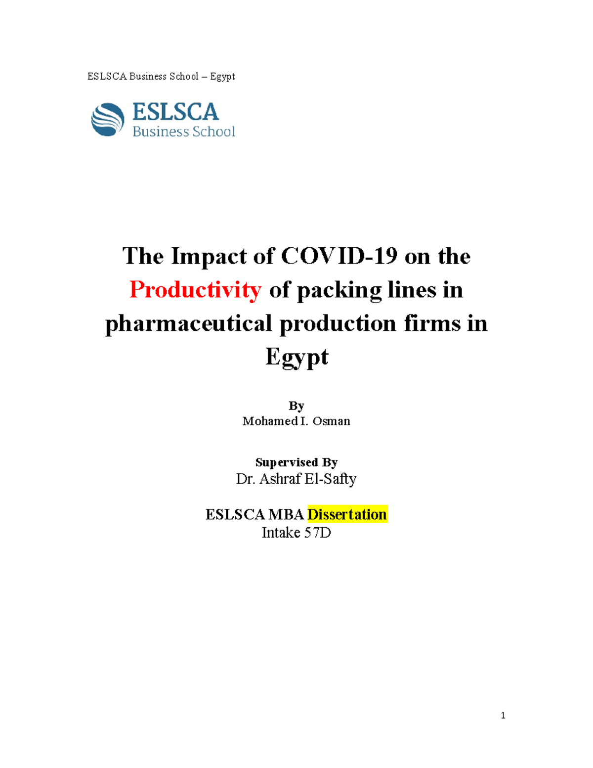 Research Progress Dr Ashraf Elsafty E SC 57D Mohamed Osman V1 - ESLSCA ...