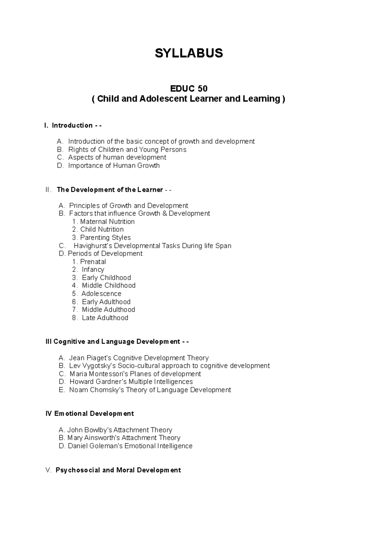 Syllabus 1 EDUC 50 educ - SYLLABUS EDUC 50 ( Child and Adolescent ...