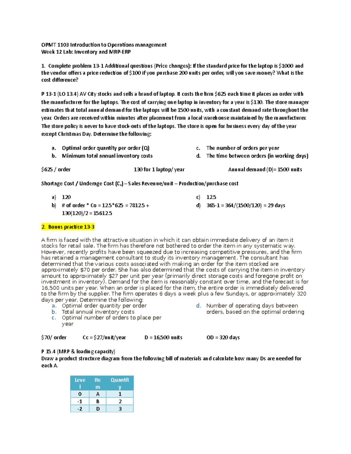 OPMT 1103 Week 12 Lab - OPMT 1103 Introduction to Operations management ...