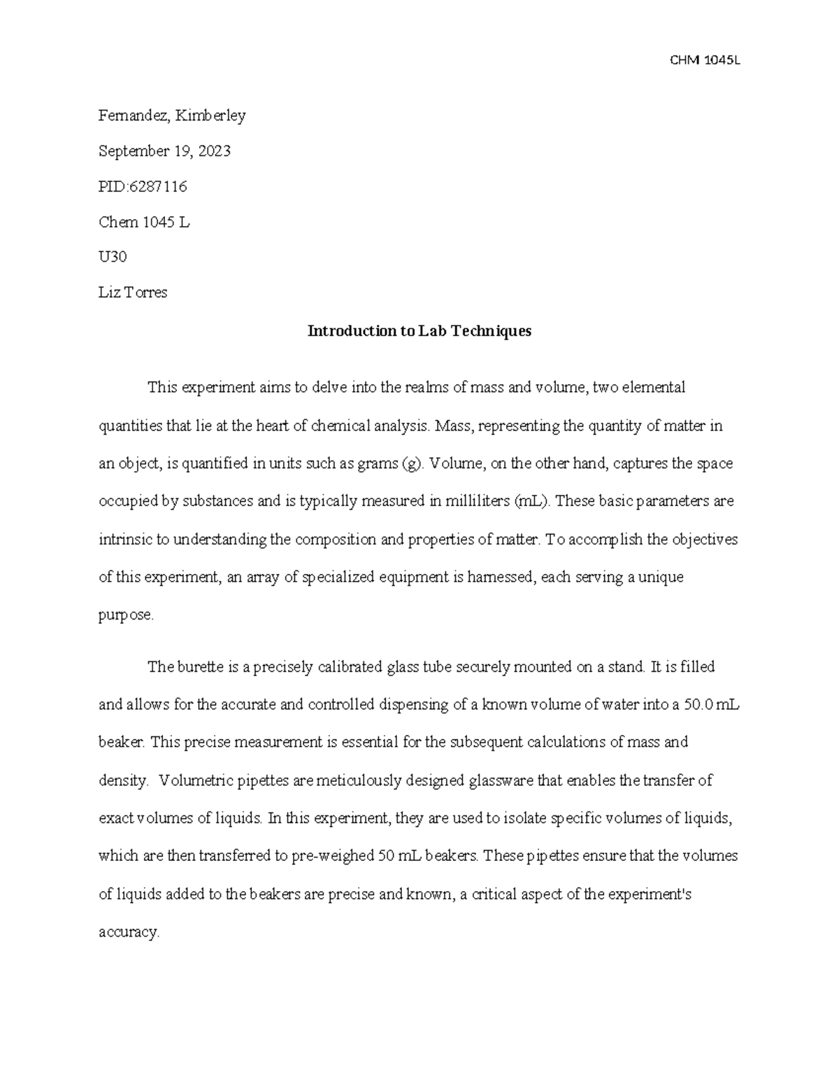 Post lab module 4 - Fernandez, Kimberley September 19, 2023 PID: Chem 1045 L U Liz Torres - Studocu