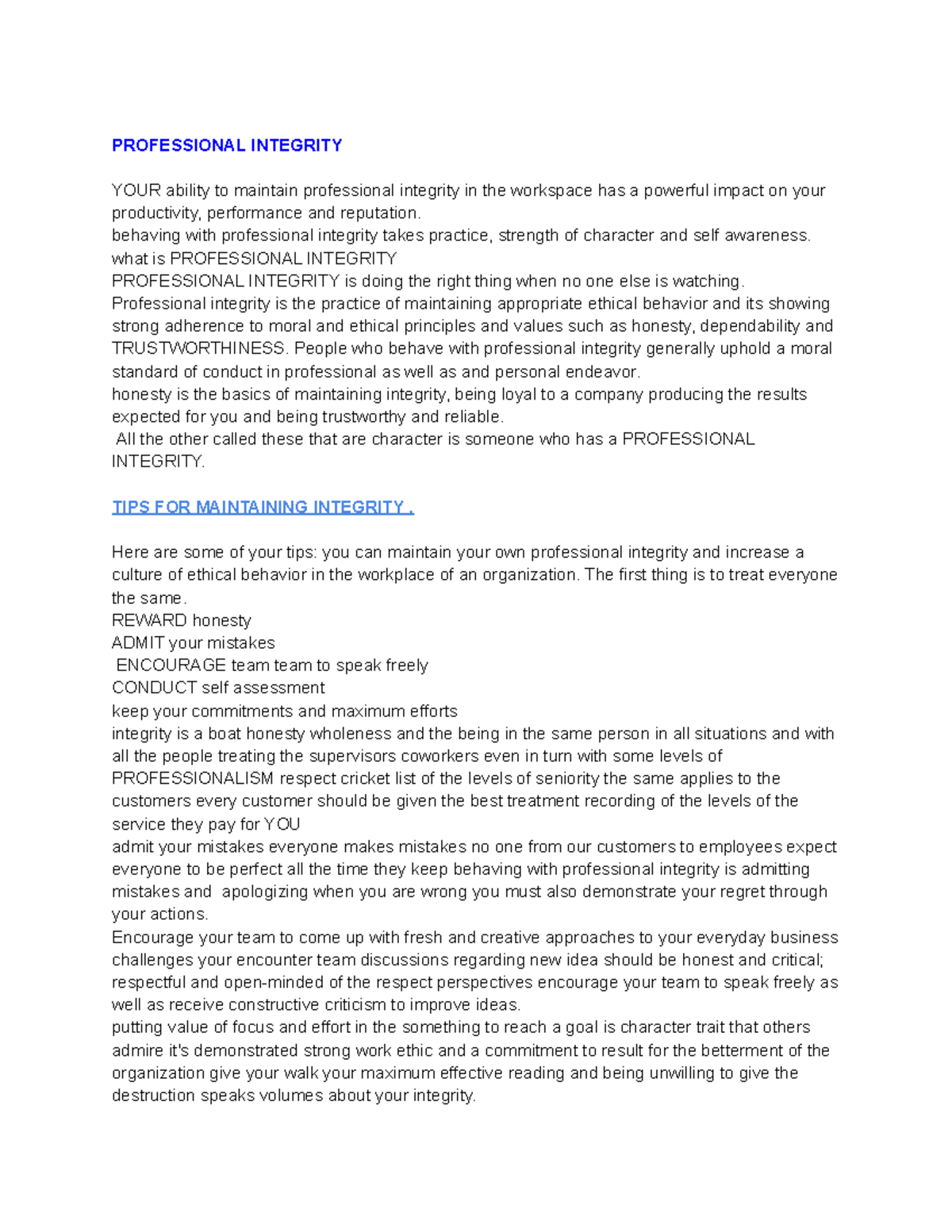 Professional Integrity - behaving with professional integrity takes ...