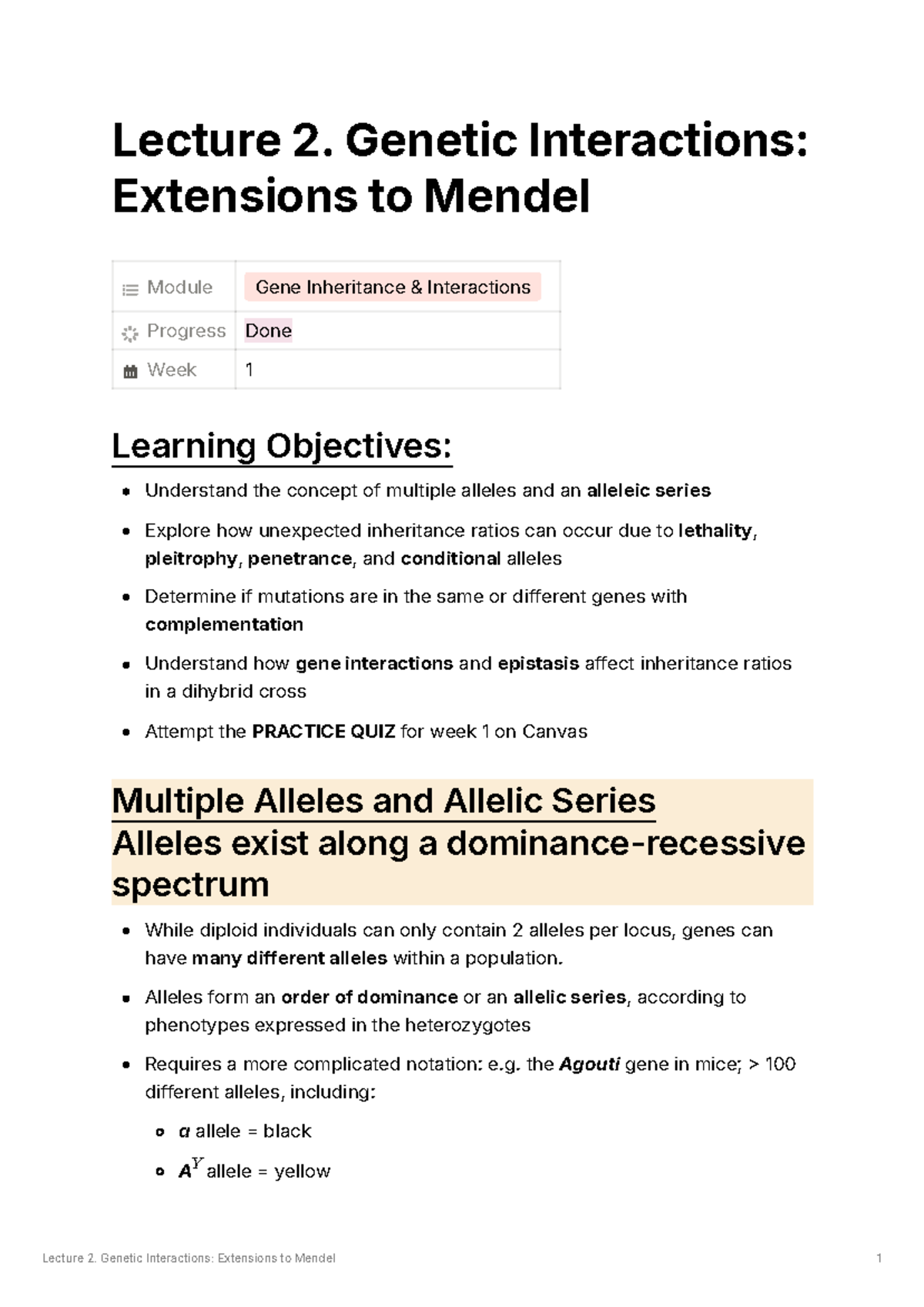 GEGE2001 Lecture 2 - Lecture 2. Genetic Interactions: Extensions to Mendel Module Gene ...
