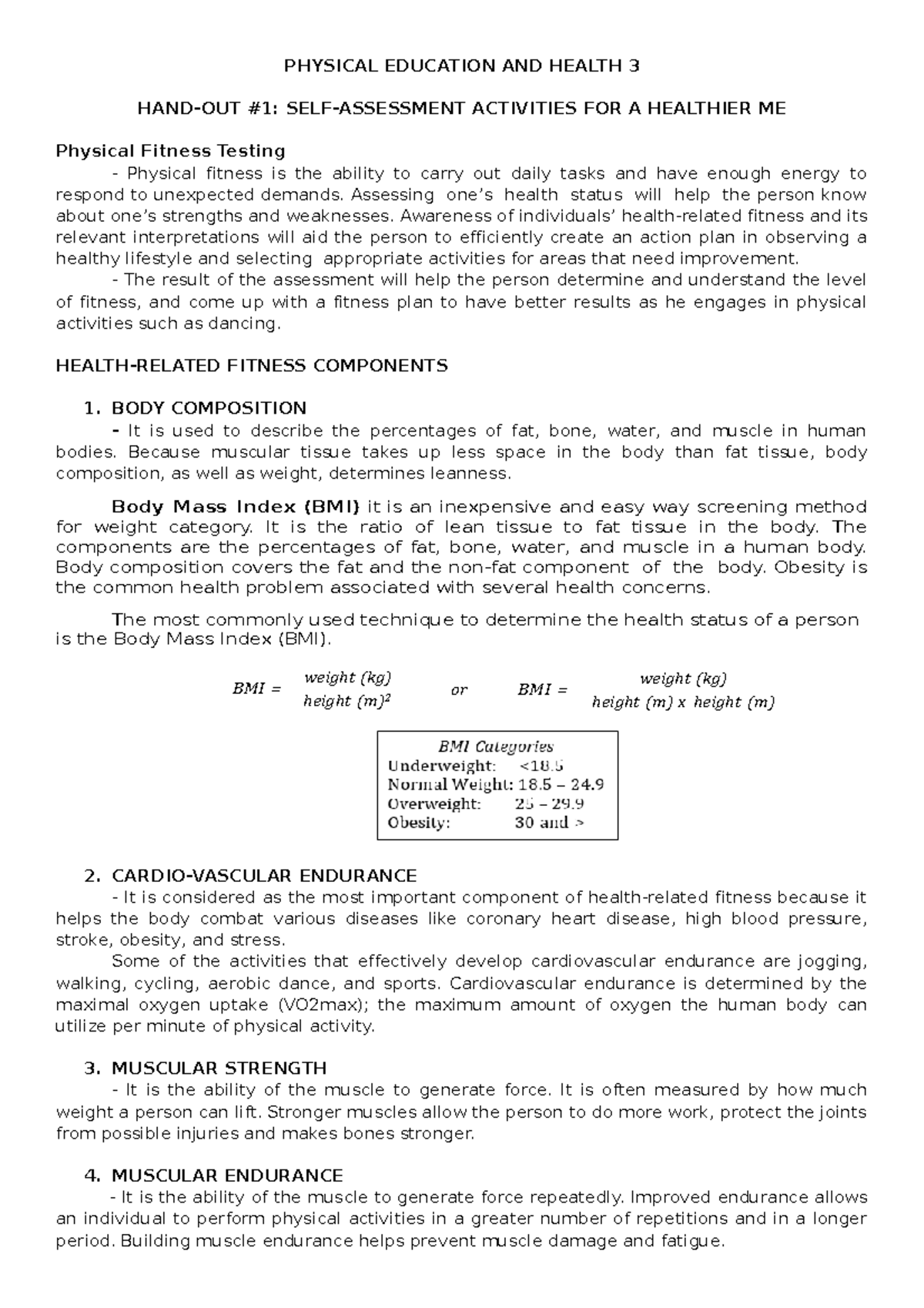 PE - nothing - PHYSICAL EDUCATION AND HEALTH 3 HAND-OUT #1: SELF ...