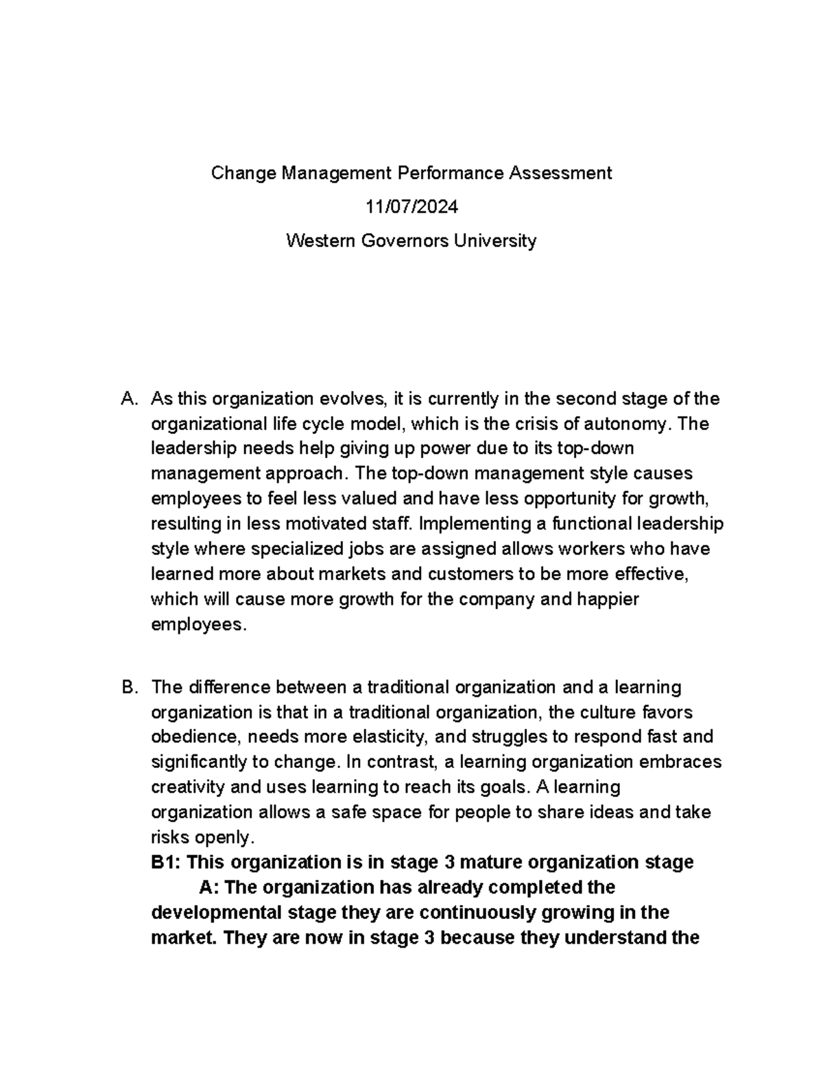 C721 online - Task 1 - Change Management Performance Assessment 11/07/ Western Governors ...