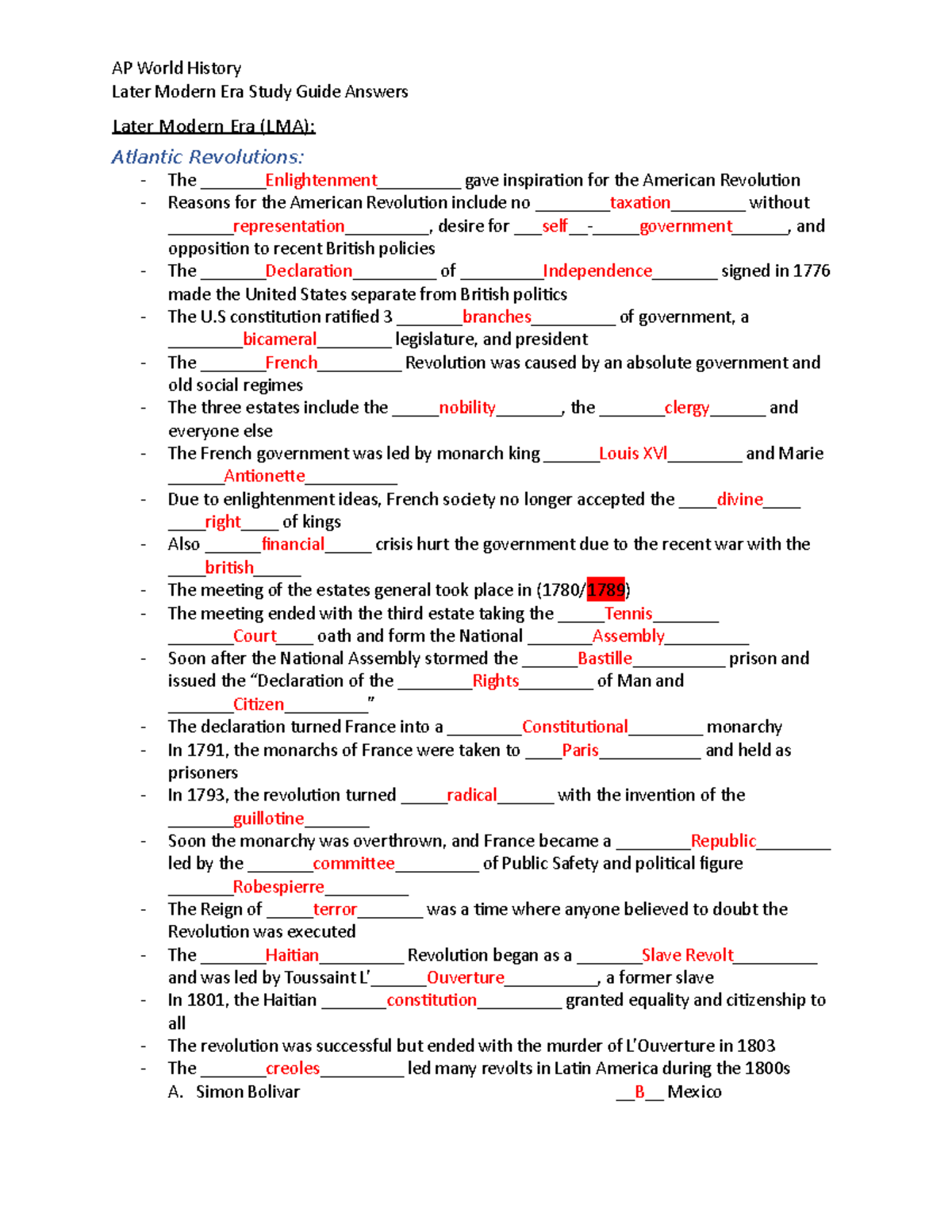 Later Modern Era Answers - Later Modern Era Study Guide Answers Later ...