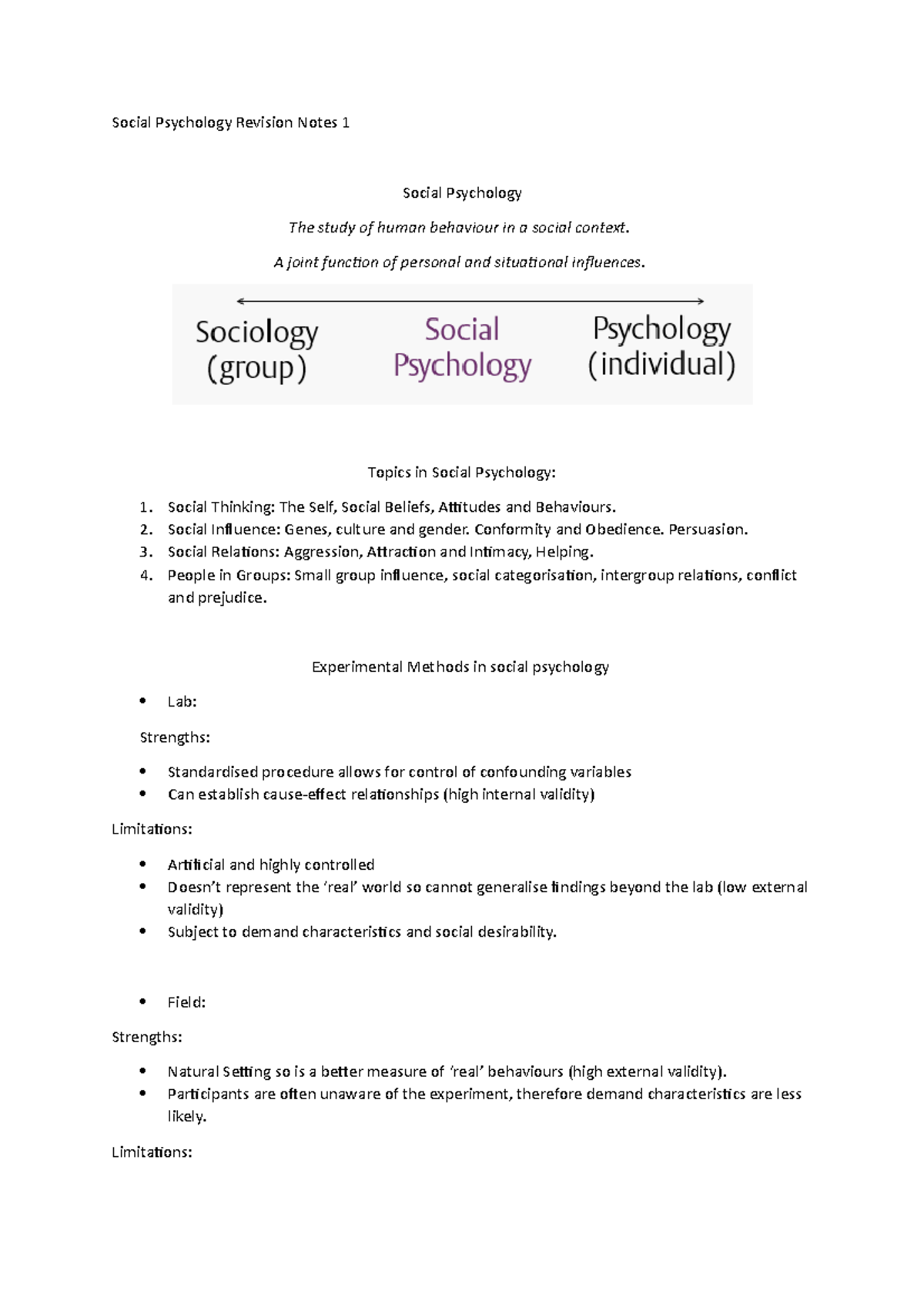 Social Psychology Revision Notes 1 - A joint function of personal and ...