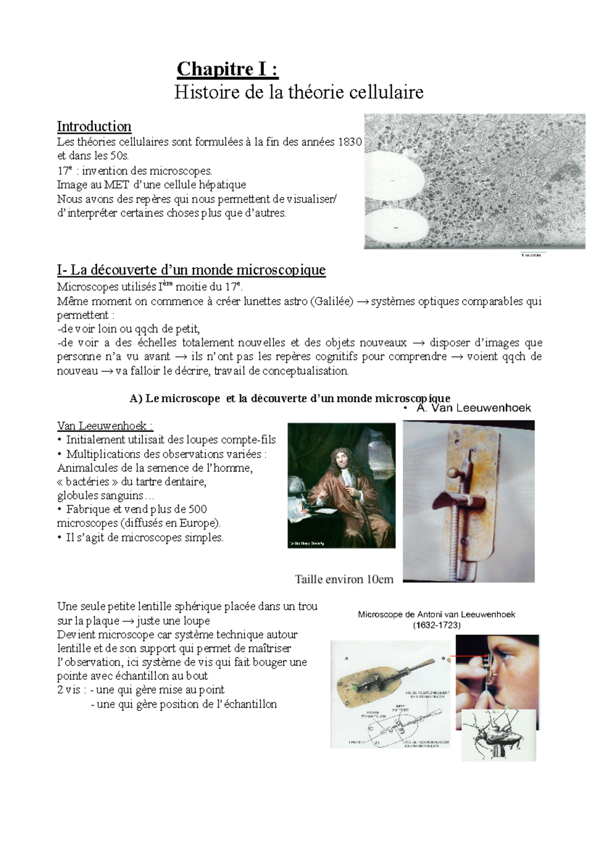Chapitre 1 - Histoire DE LA BIO - Chapitre I : Histoire de la théorie cellulaire Introduction ...