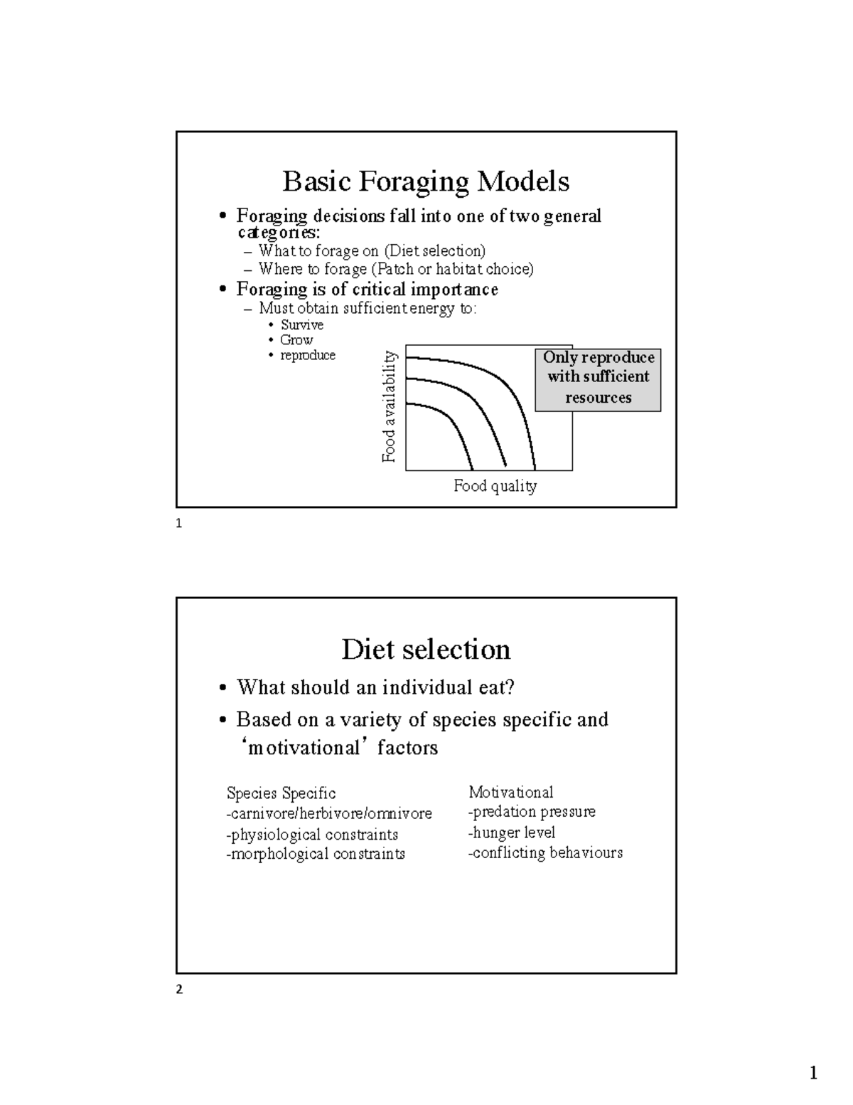 354 L5 - Lecture notes 5 - Basic Foraging Models Foraging decisions ...