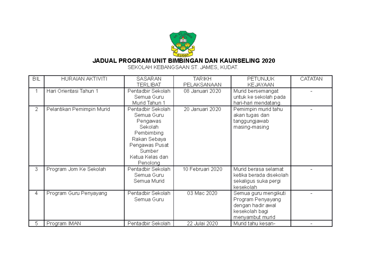 Jadual Program UNIT Bimbingan DAN Kaunseling 2020 - Educational ...