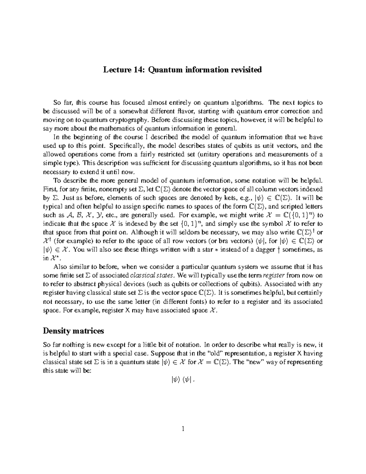 Lecture 14 Quantum Information Revisited Cpsc Quantum Computation John Watrous University Of