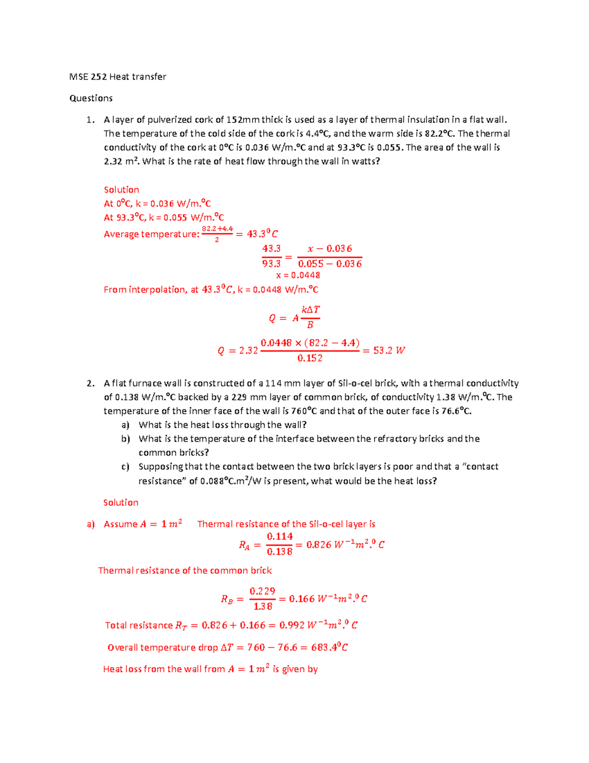 Heat transfer questions - MSE 252 Heat transfer Questions A layer of ...