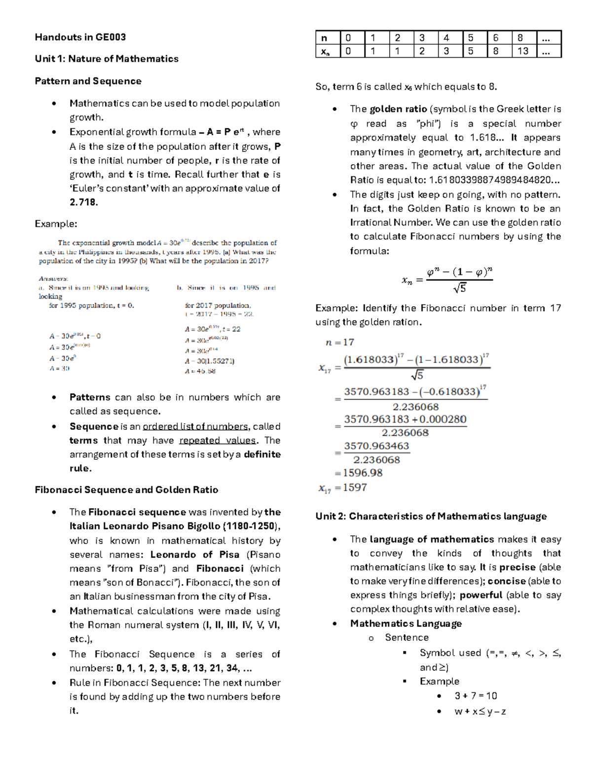 Handouts in GE003 Unit 1 and 2 - Handouts in GE Unit 1: Nature of Mathematics Pattern and ...