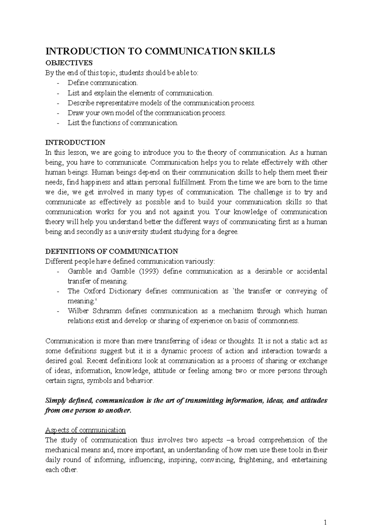 Communication skills - 1 INTRODUCTION TO COMMUNICATION SKILLS ...