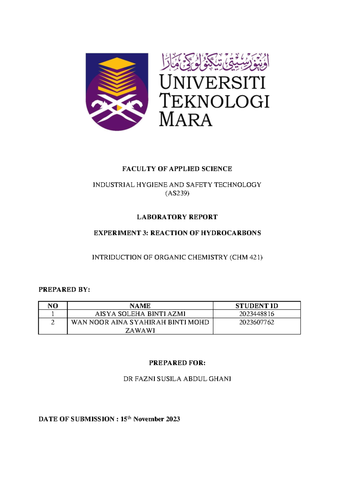 Organic chemistry - FACULTY OF APPLIED SCIENCE INDUSTRIAL HYGIENE AND ...