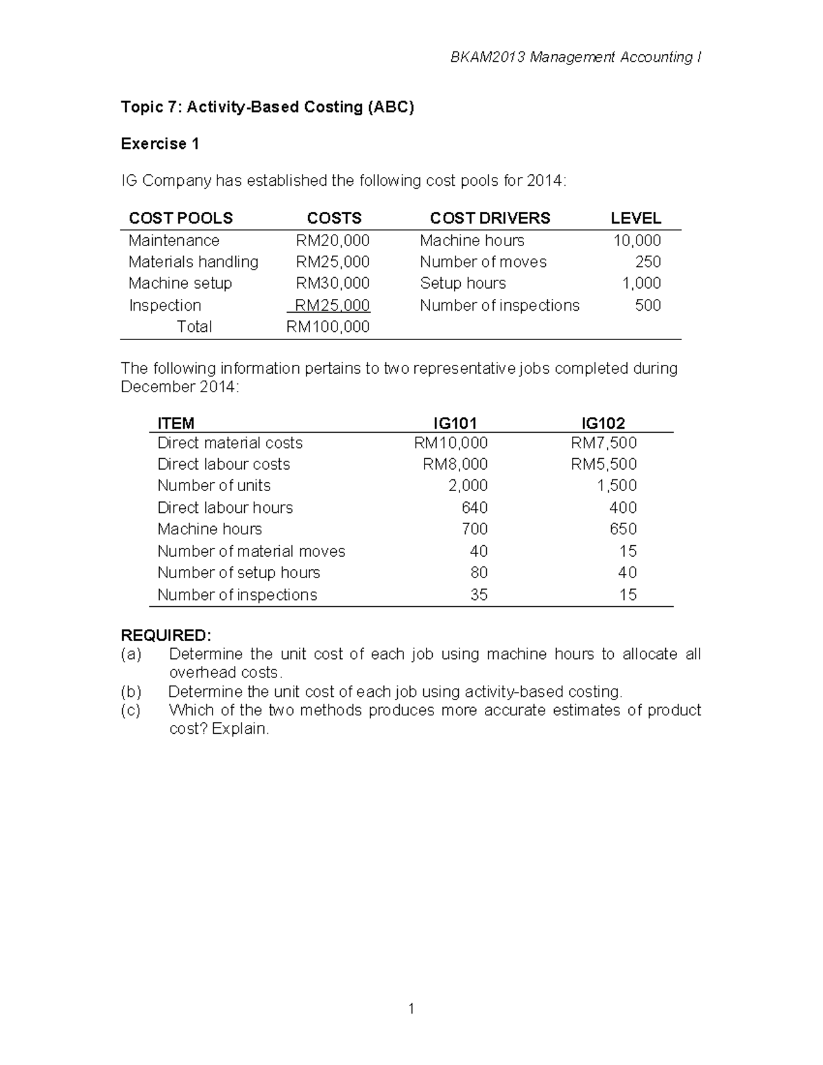 Exercise topic 7 - BKAM2013 Management Accounting I Topic 7: Activity-Based Costing (ABC ...