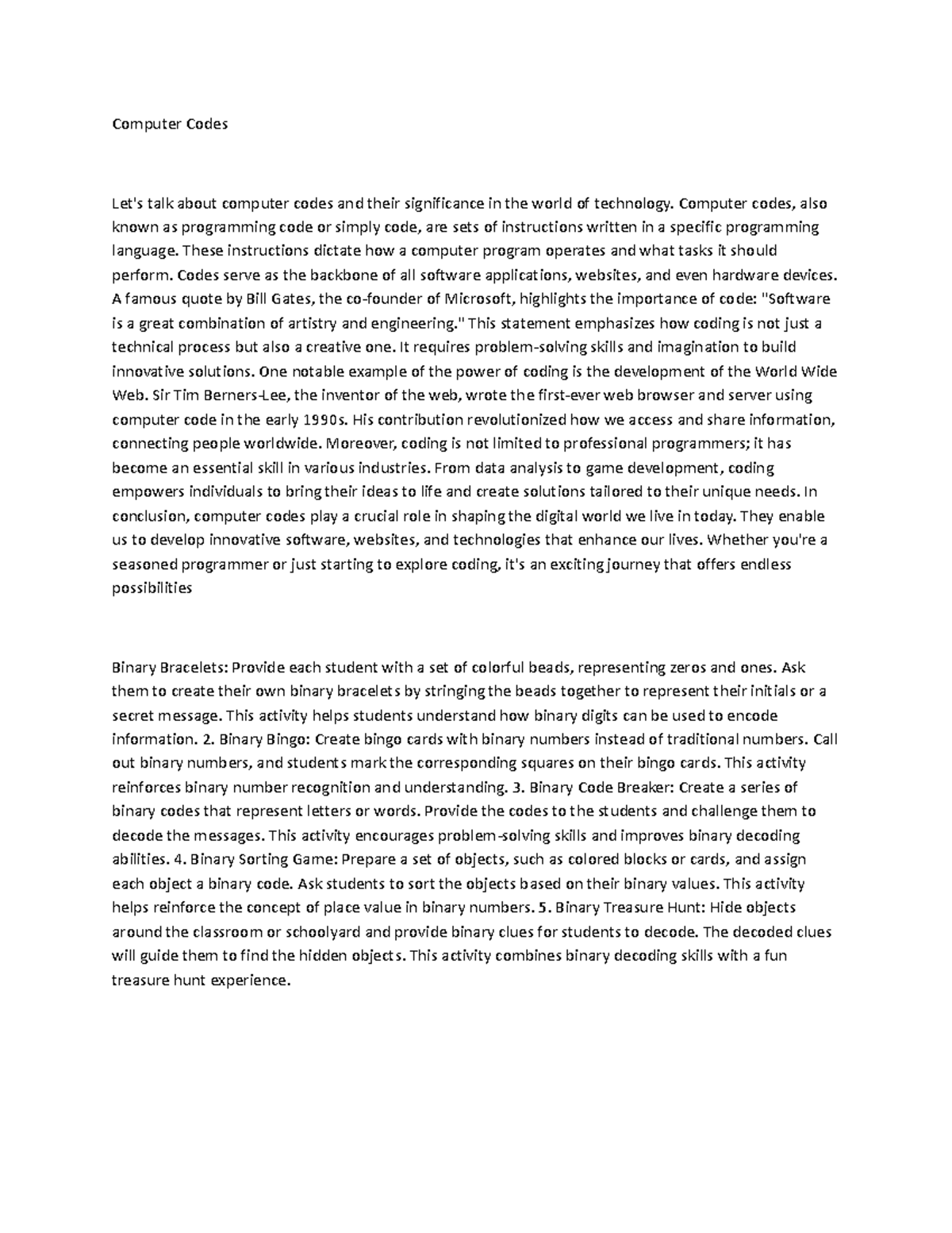 Laboratory Activity - Computer Codes Let's talk about computer codes ...