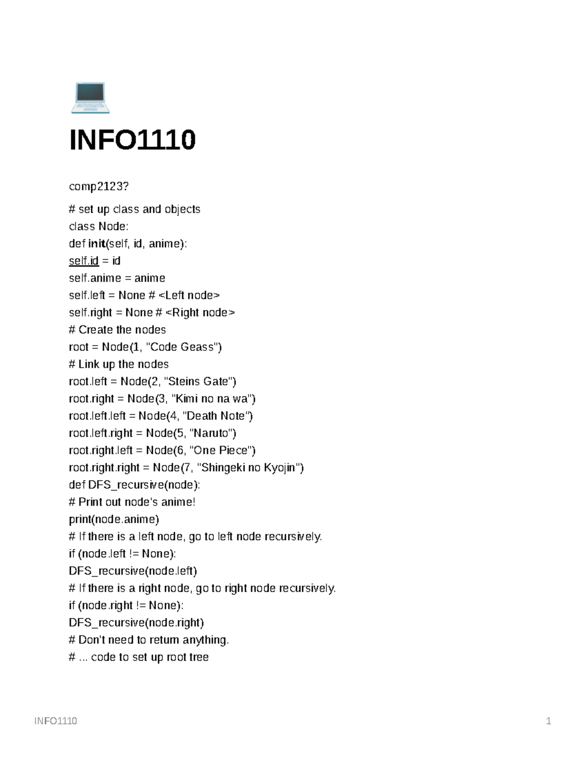 Info1110 notes - © INFO comp2123? set up class and objects class Node ...