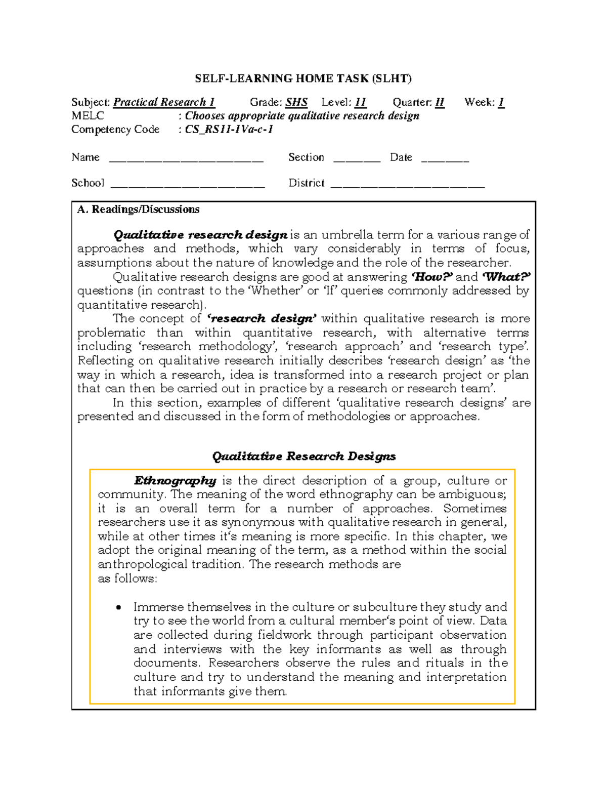 Practical Research 1 LHT Week 1 Senior High School - SELF-LEARNING HOME ...