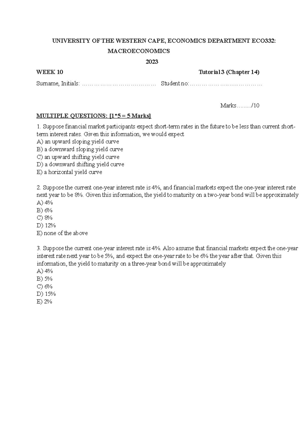 ECO332 Tutorial 3 - UNIVERSITY OF THE WESTERN CAPE, ECONOMICS ...