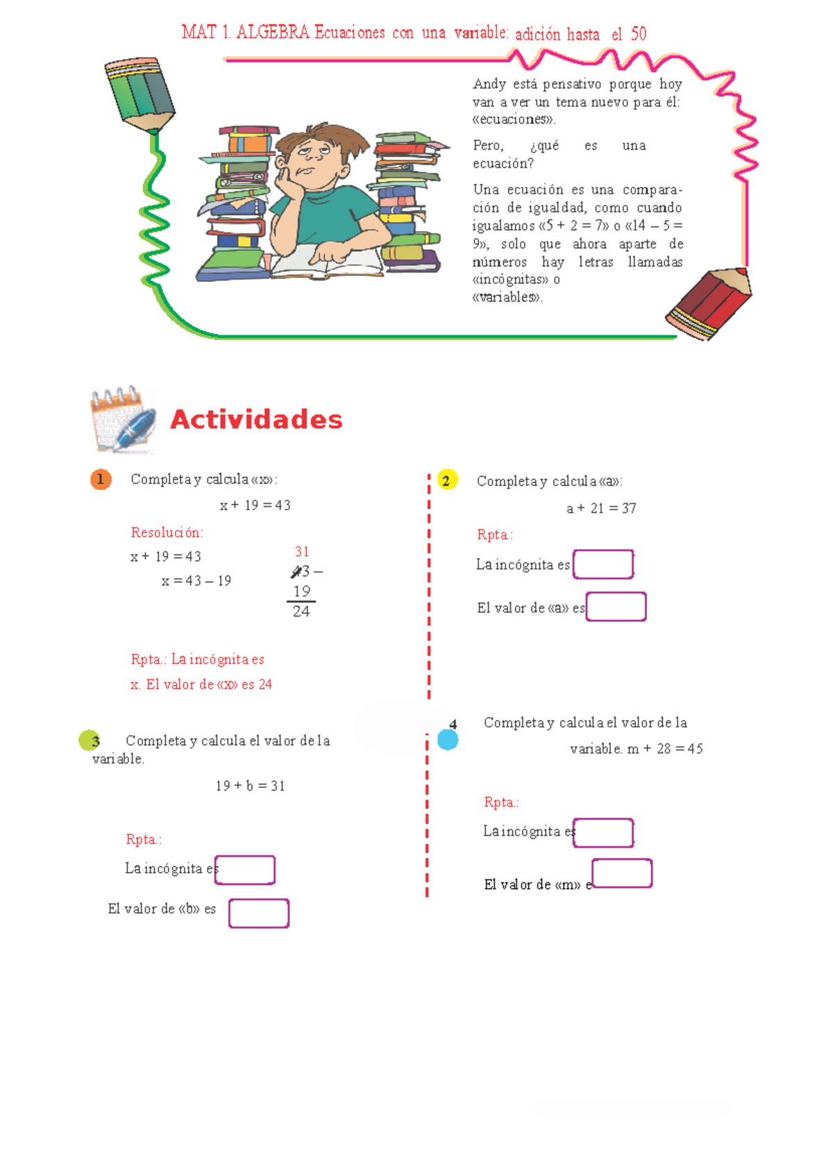 5TA Semana. MAT 1 - unidad didacica - MAT 1. ALGEBRA Ecuaciones con una ...