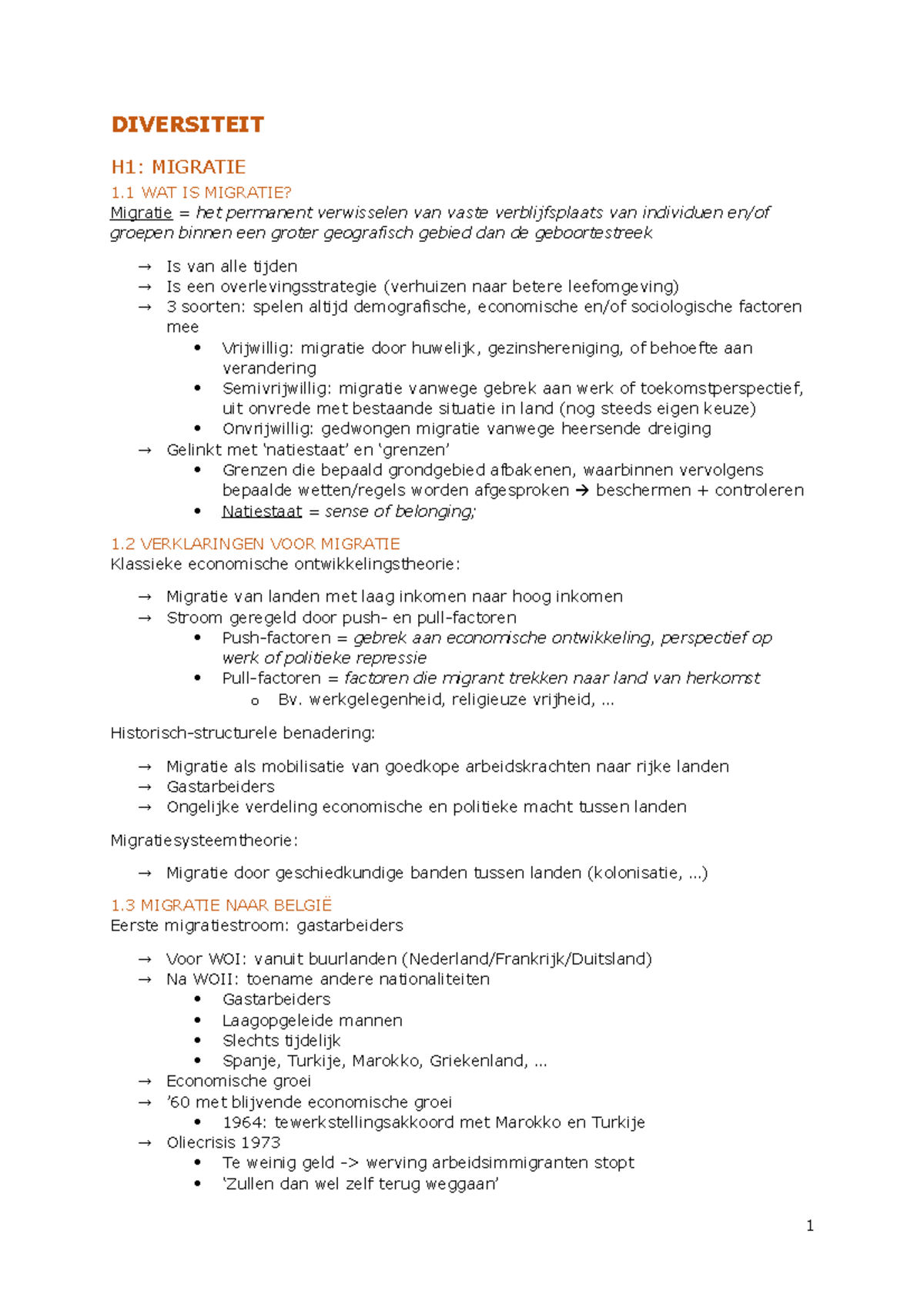Diversiteit samenvatting - DIVERSITEIT H1: MIGRATIE 1 WAT IS MIGRATIE? Migratie het permanent ...