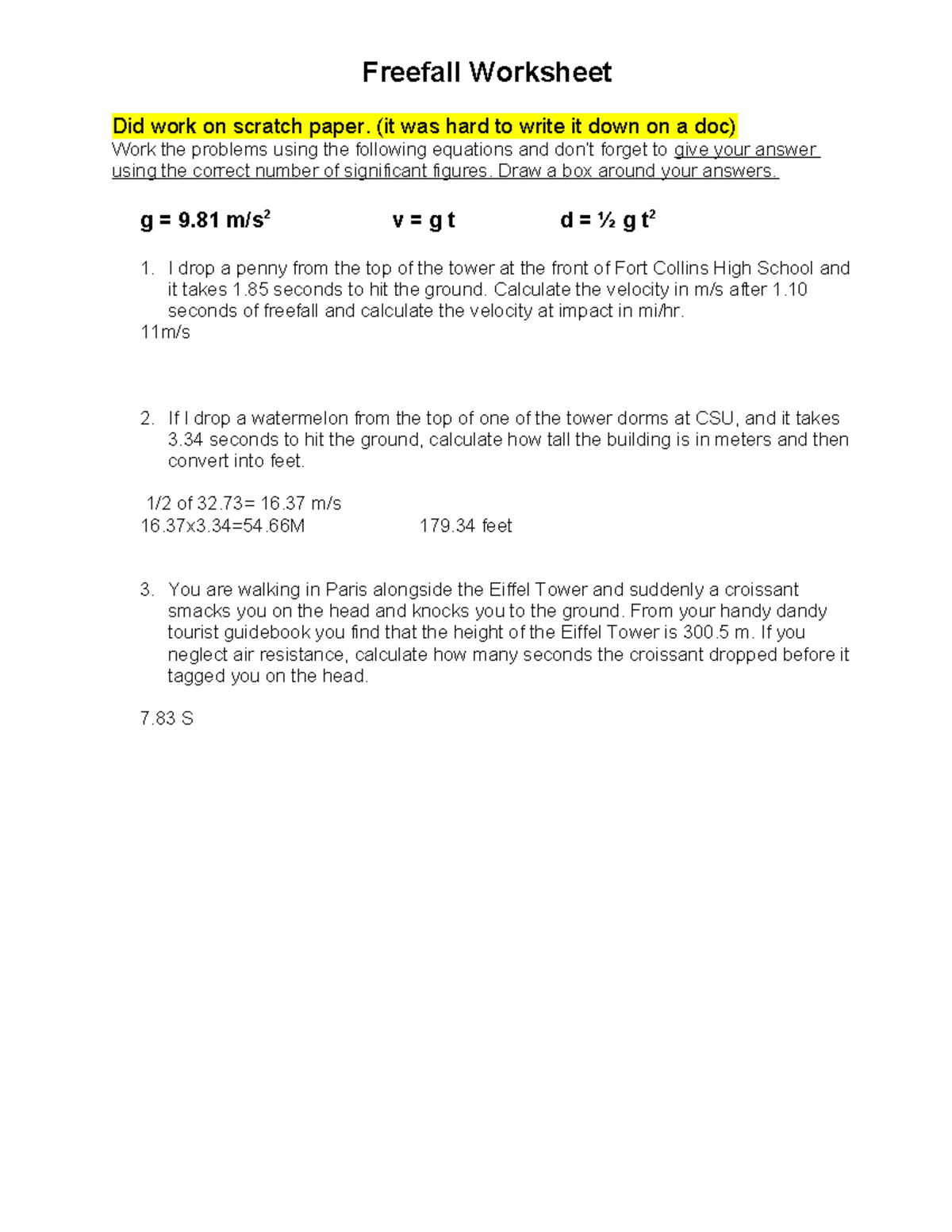 Freefall Worksheet - Ball toss lab assignment replacment grade ...