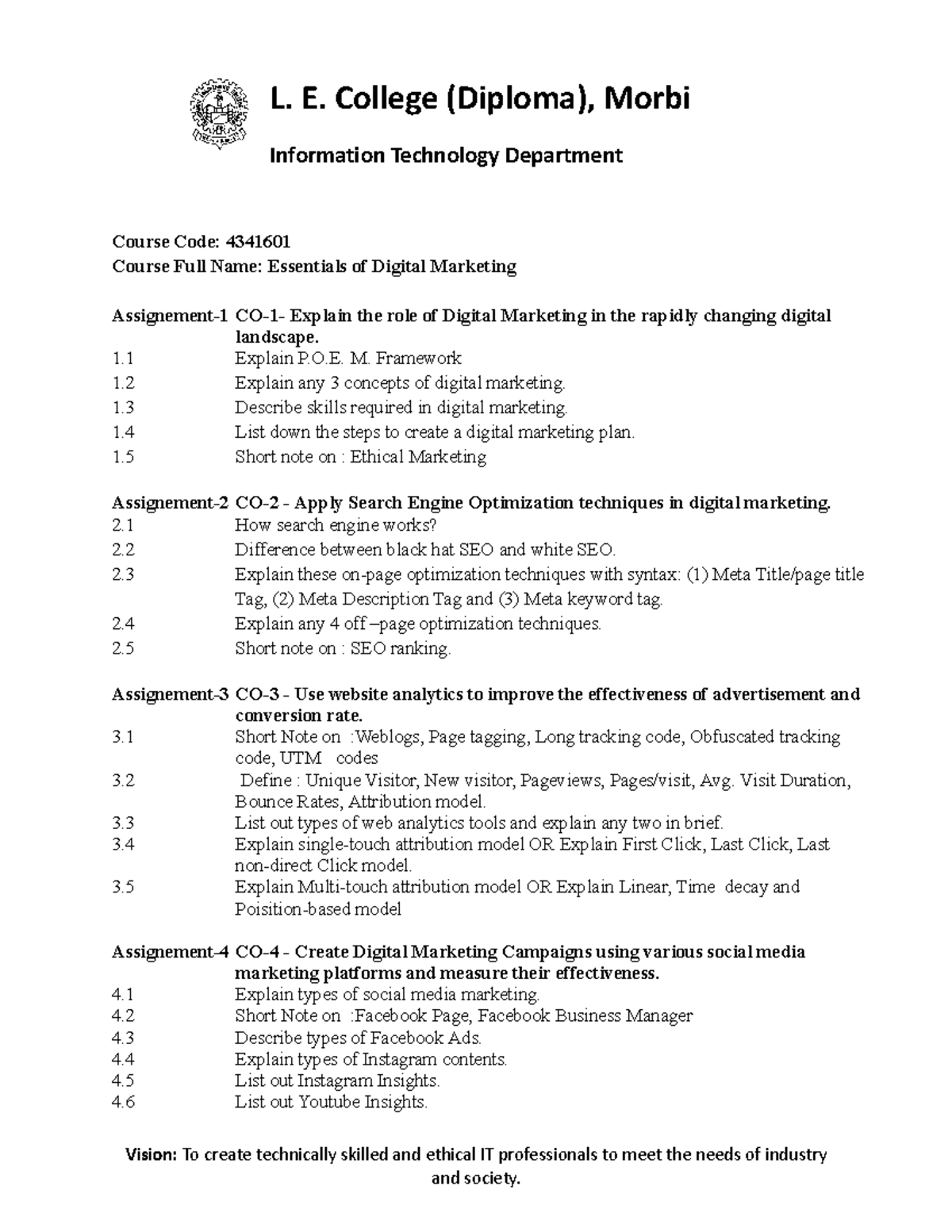 IT SEM 4-Assignments - Information Technology Department Course Code: 4341601 Course Full Name ...