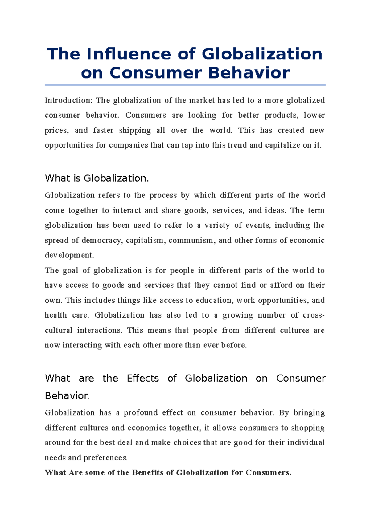 The Influence of Globalization on Consumer Behavior - The Influence of Globalization on Consumer ...