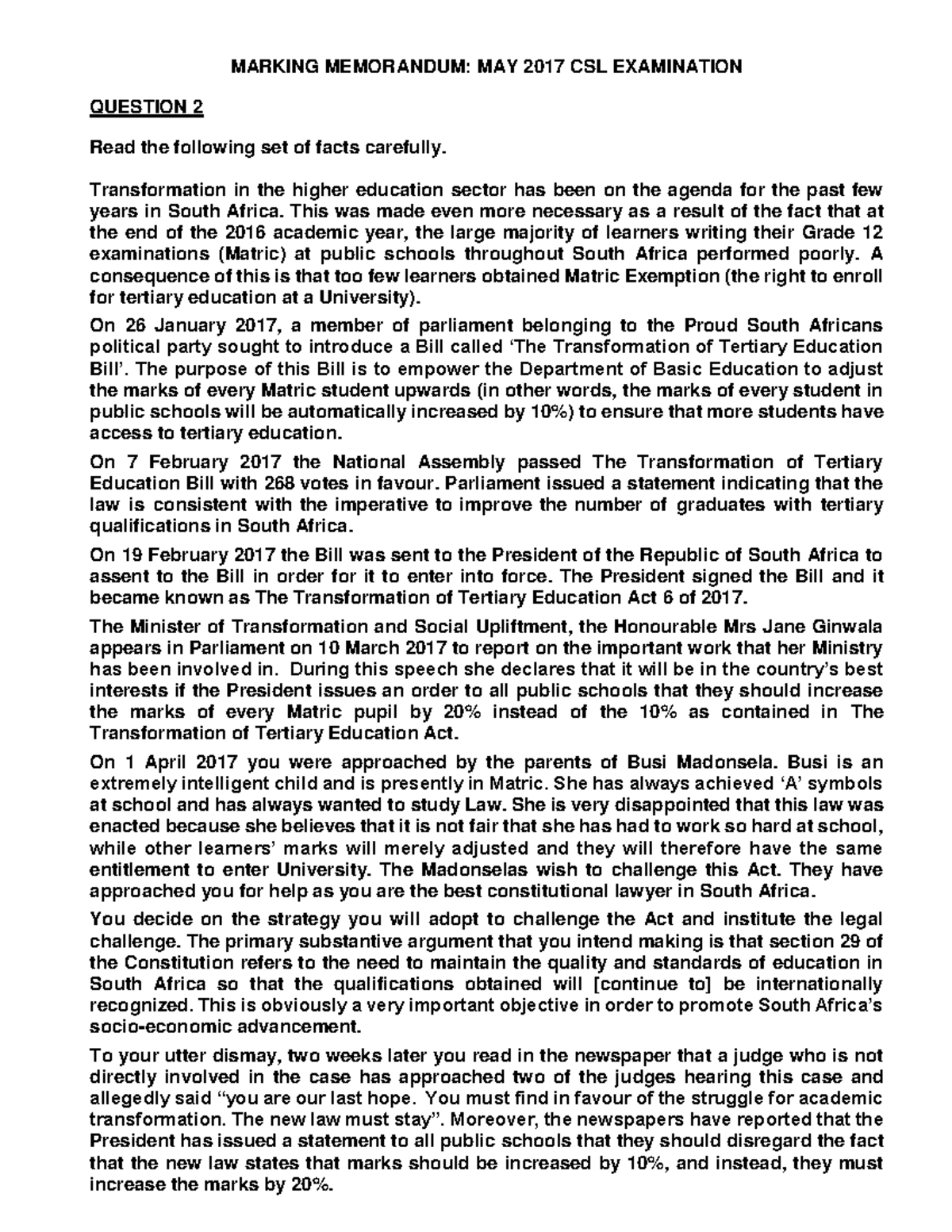 Sample/practice exam 15 May 2017, questions and answers - MARKING ...