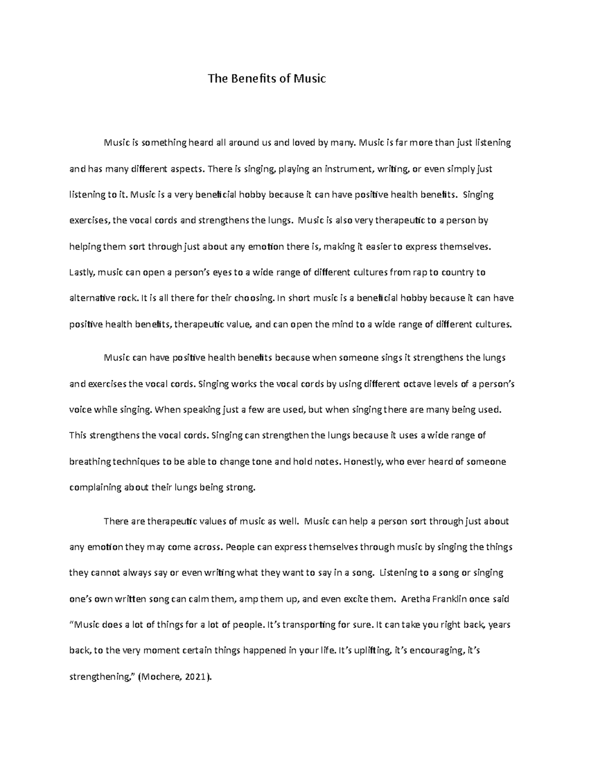 The Benefits of Music 2 - This essay was written for an assignment and ...