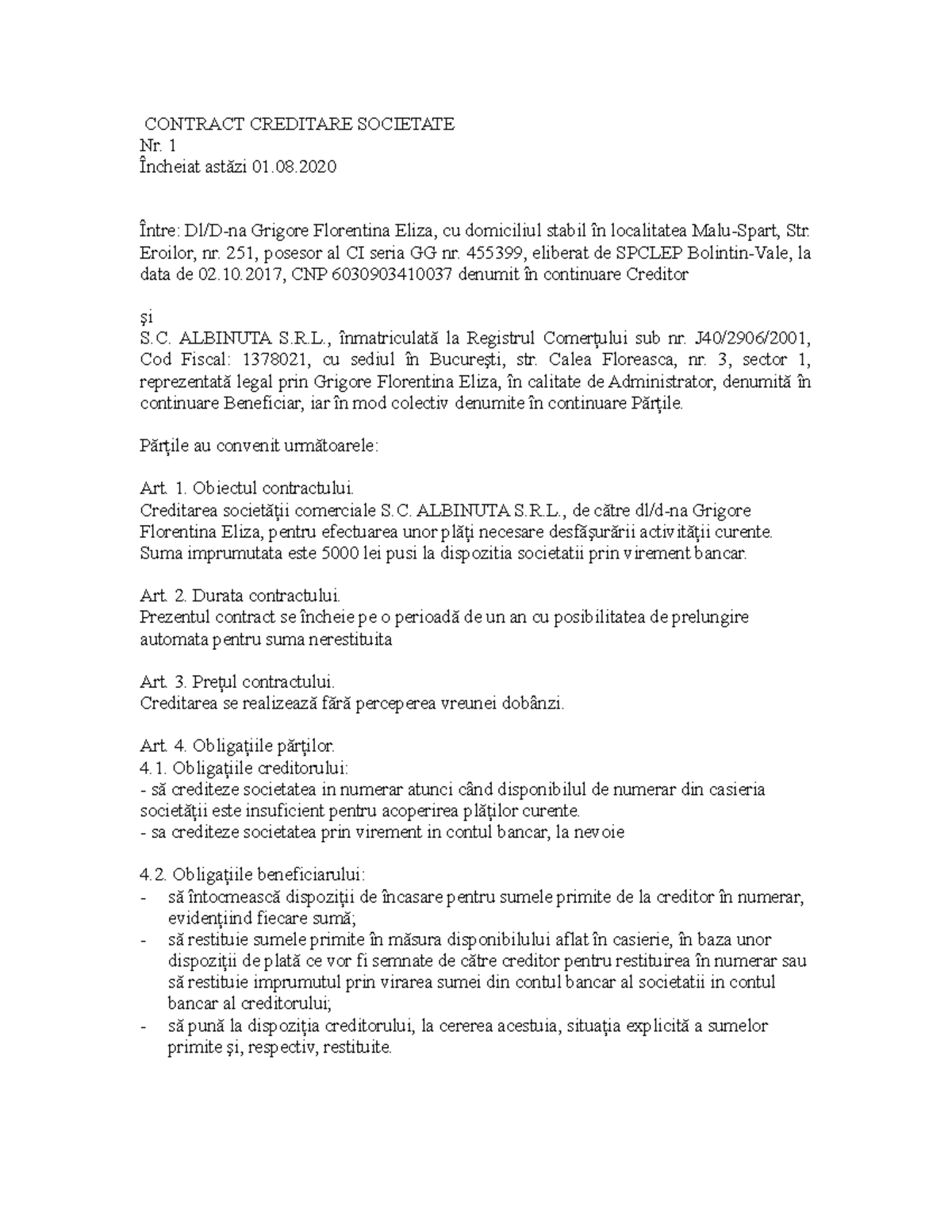 Contract Creditare Societate 1 - CONTRACT CREDITARE SOCIETATE Nr. 1 ...