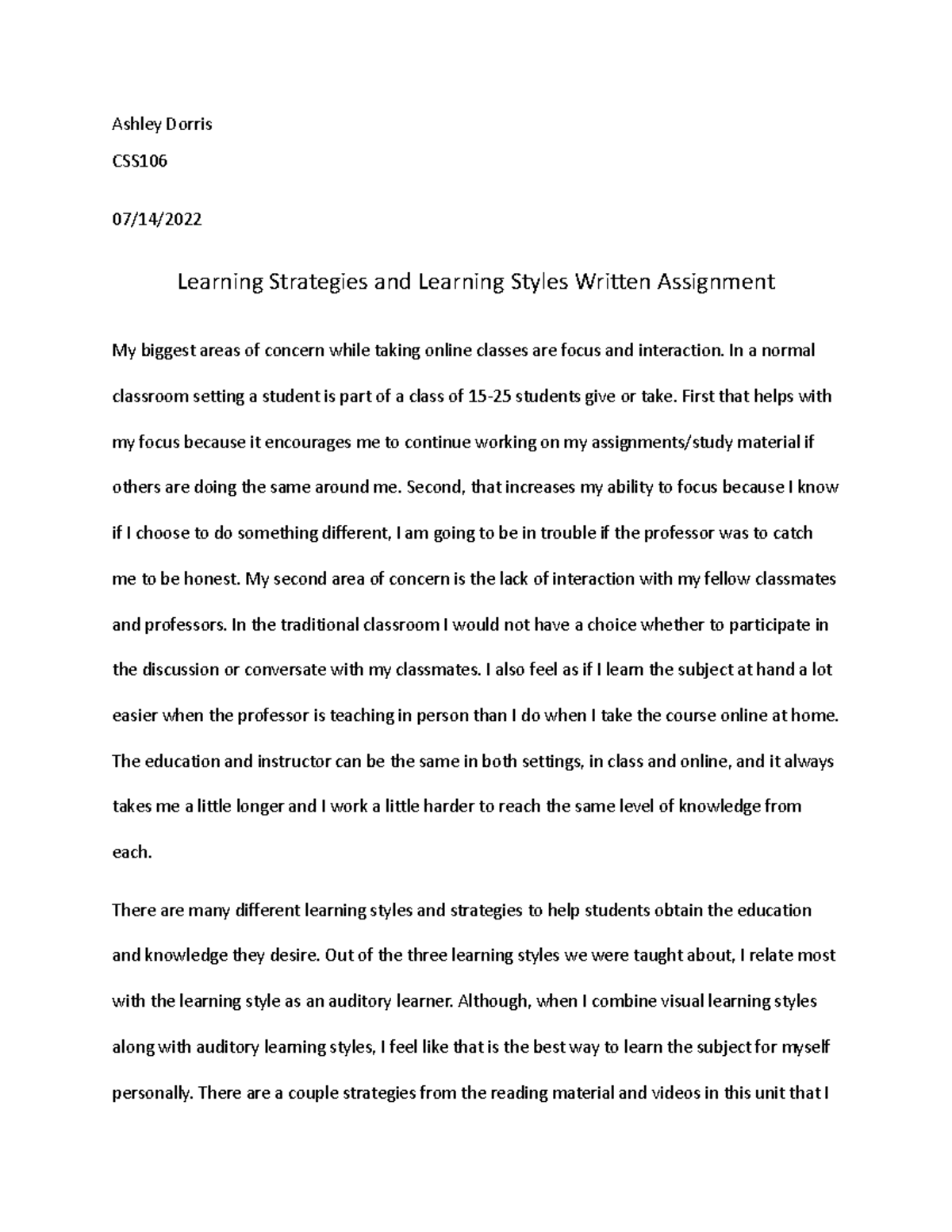 Learning Strategies and Learning Styles Written Assignment(CSS106 ...