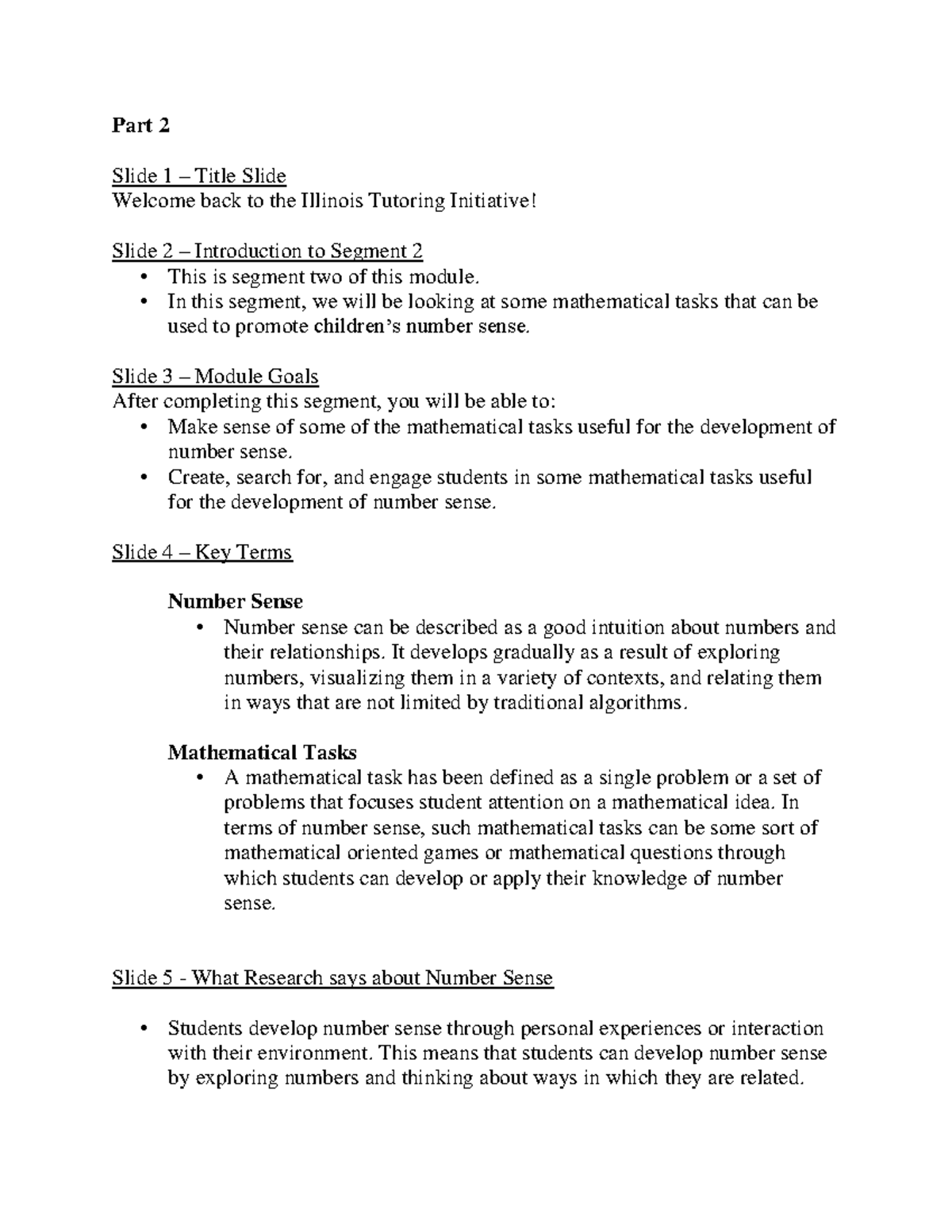 Transcript on Number Sense-Segment 2 of lecture for students practice - Part 2 Slide 1 – Title ...