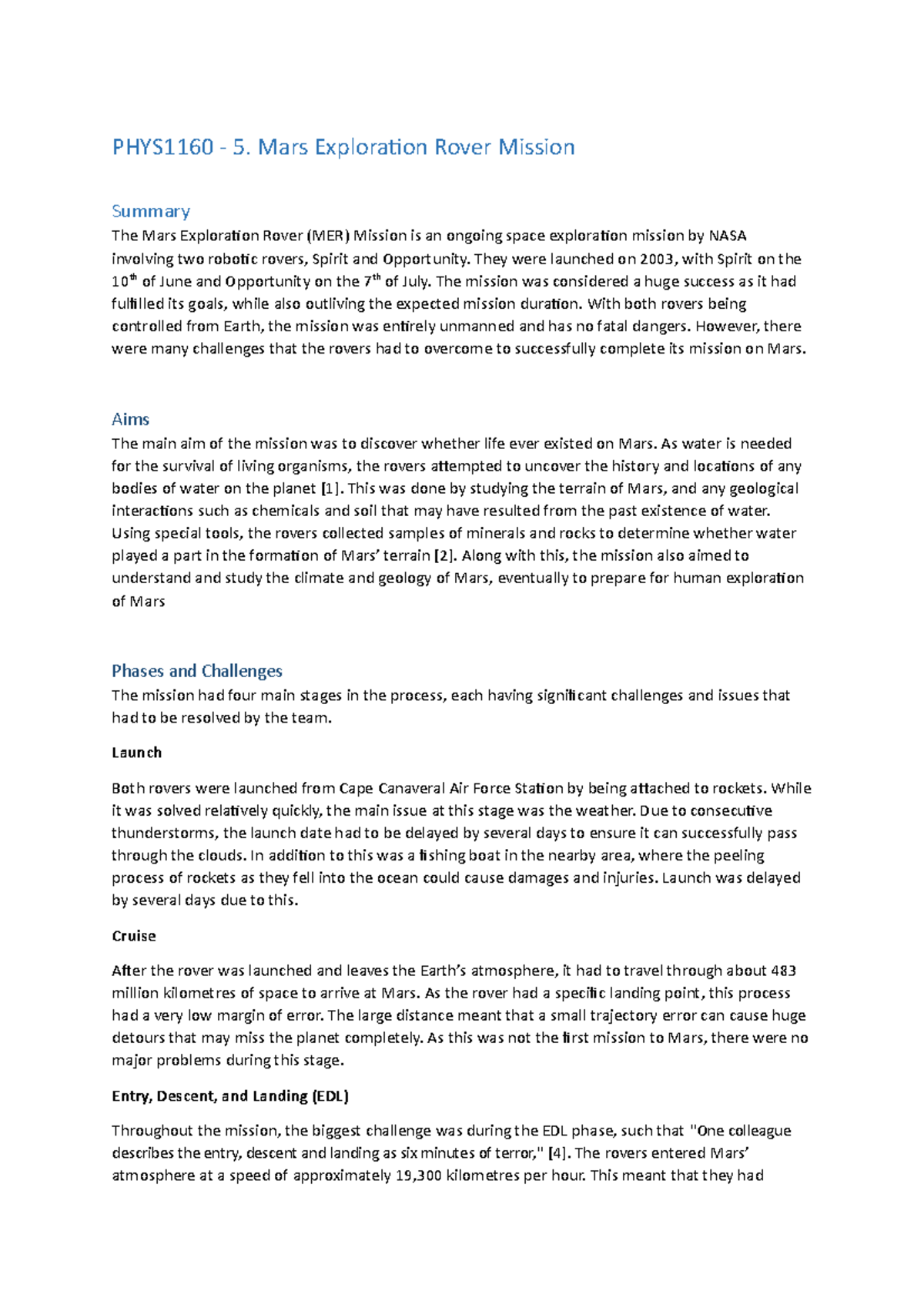 PHYS1160 essay - Topic - Mars rovers - PHYS1160 - 5. Mars Exploration ...