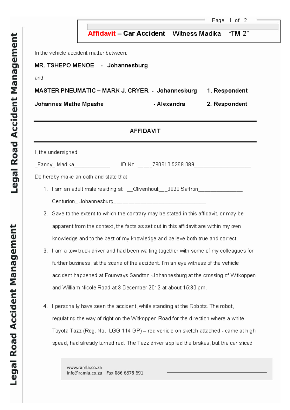 Affidavit - Road accident fund - Page 1 of 2 Affidavit ñ Car Accident ...