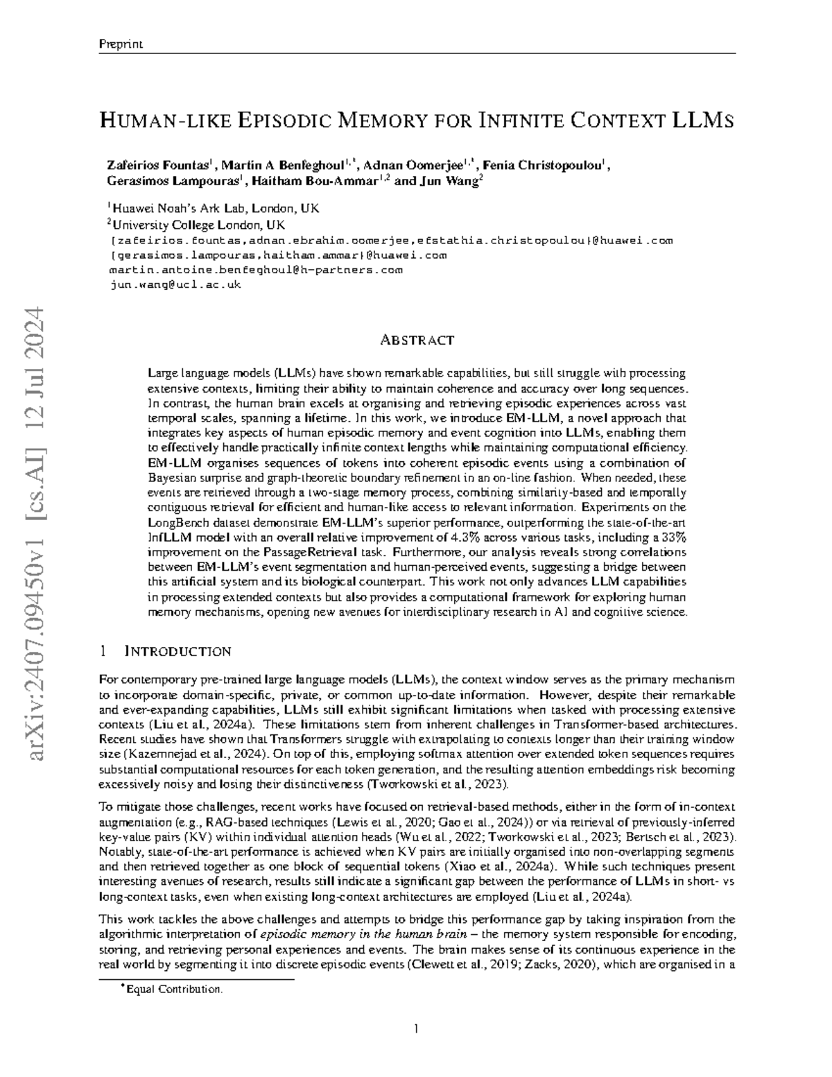 Infinityllm - LLM - HUMAN-LIKE EPISODIC MEMORY FOR INFINITE CONTEXT LLMS Zafeirios Fountas 1 ...