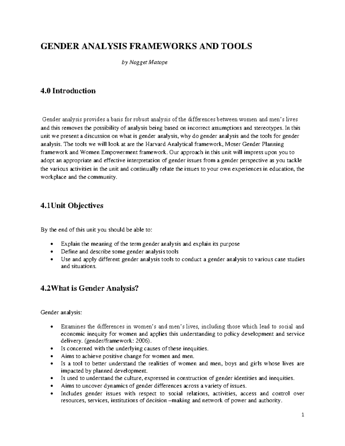 UNIT 4 - unit 4 nontes - GENDER ANALYSIS FRAMEWORKS AND TOOLS by Nogget ...